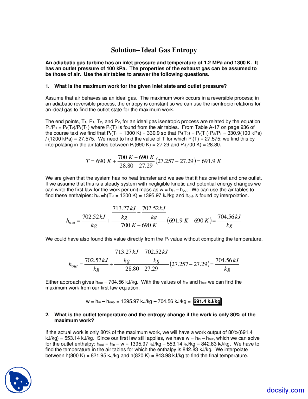 Ideal Gas Entropy Thermodynamics Solved Excercise Docsity