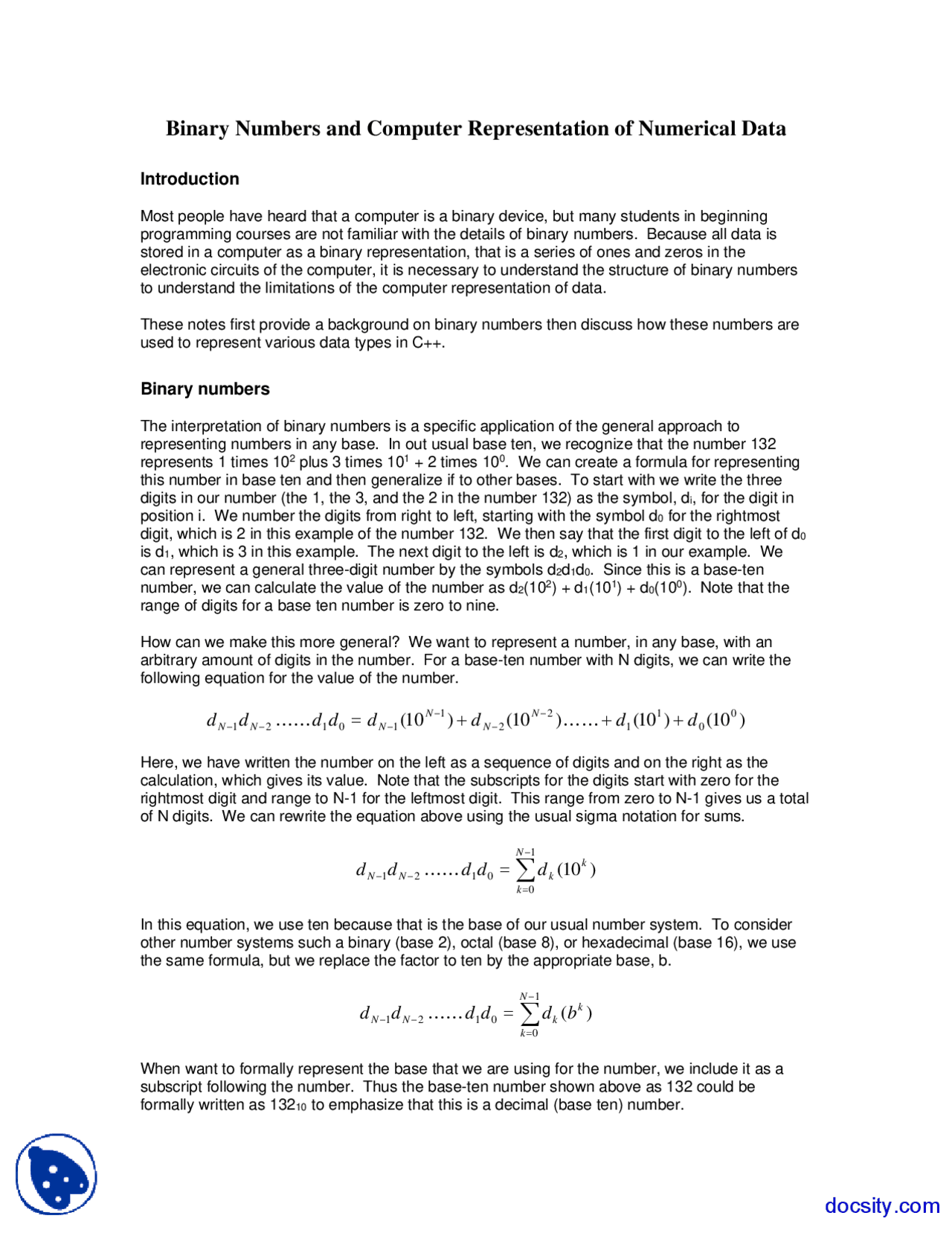 Binary Numbers - Computing in Engineering and Science - Lecture Notes ...