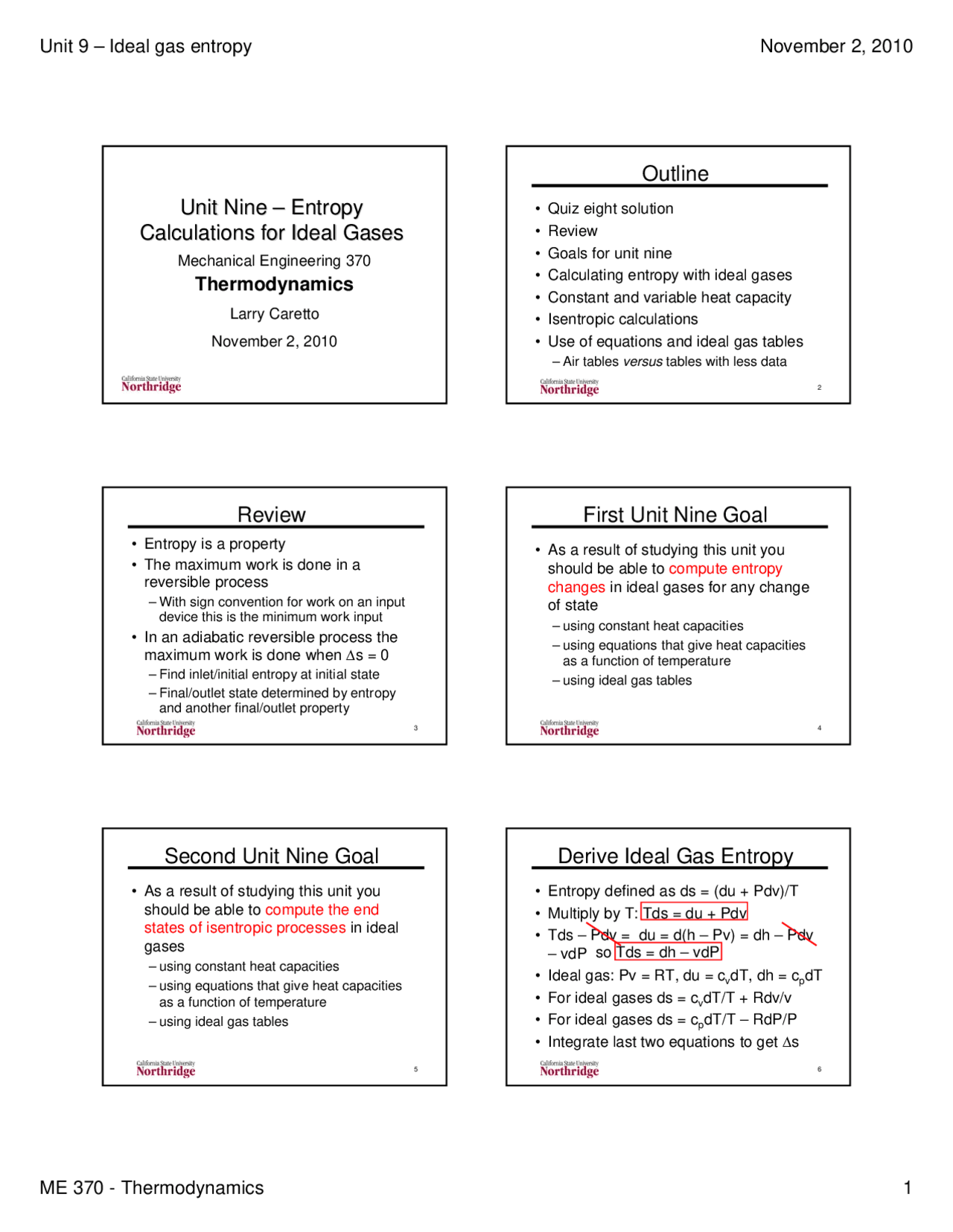 Ideal Gas Entropy Thermodynamics Lecture Slides Slides