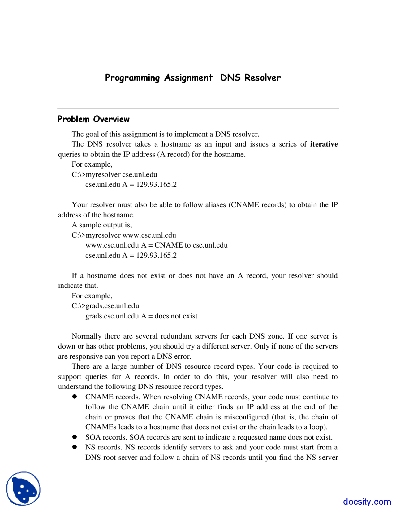 DNS Resolver - Distributed Operating Systems - Assignment - Docsity