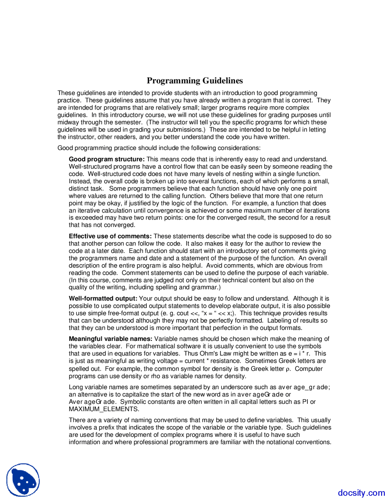 Programming Guidelines Computing In Engineering And Science Lecture Notes Docsity