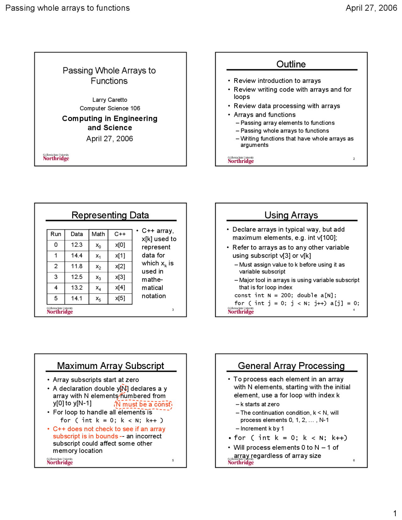 Passing Whole Arrays To Functions Computing In Engineering And Science Lecture Slides Docsity