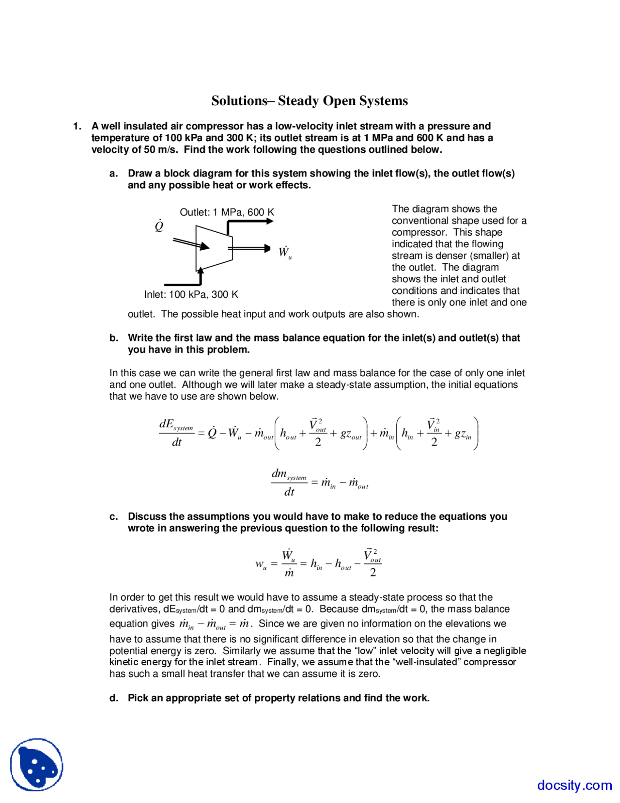 Steady Open Systems Thermodynamics Solved Excercise Exercises