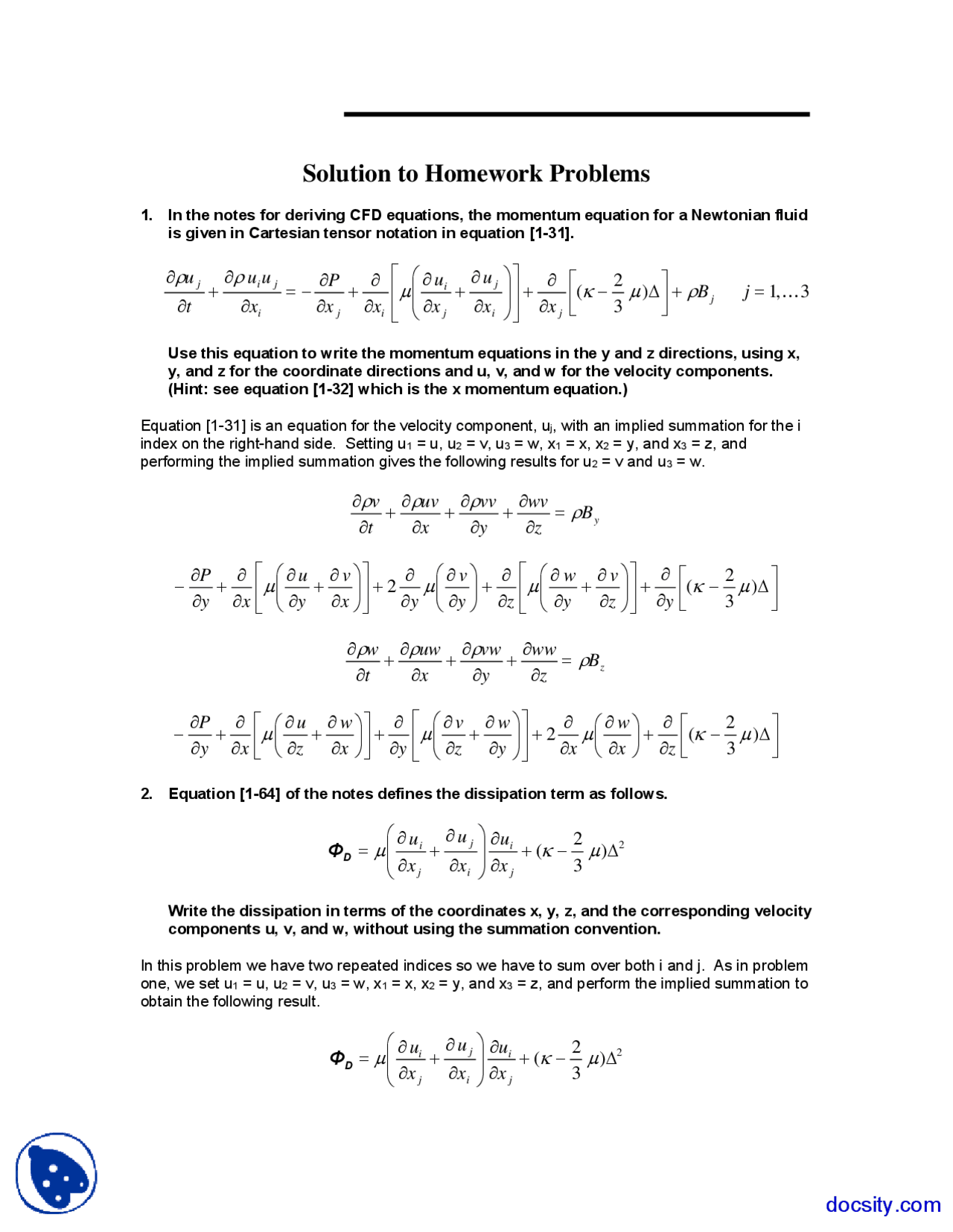 Momentum Equations Computational Fluid Dynamics Solved Homework