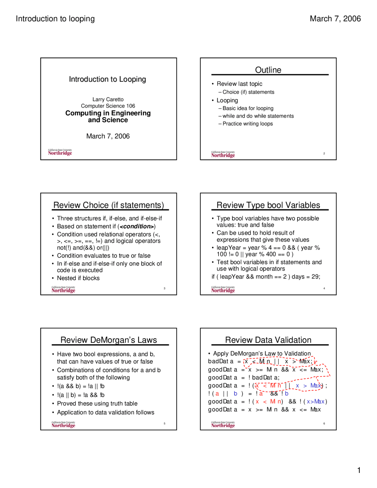 Introduction to Looping - Computing in Engineering and Science - Lecture Slides - Docsity