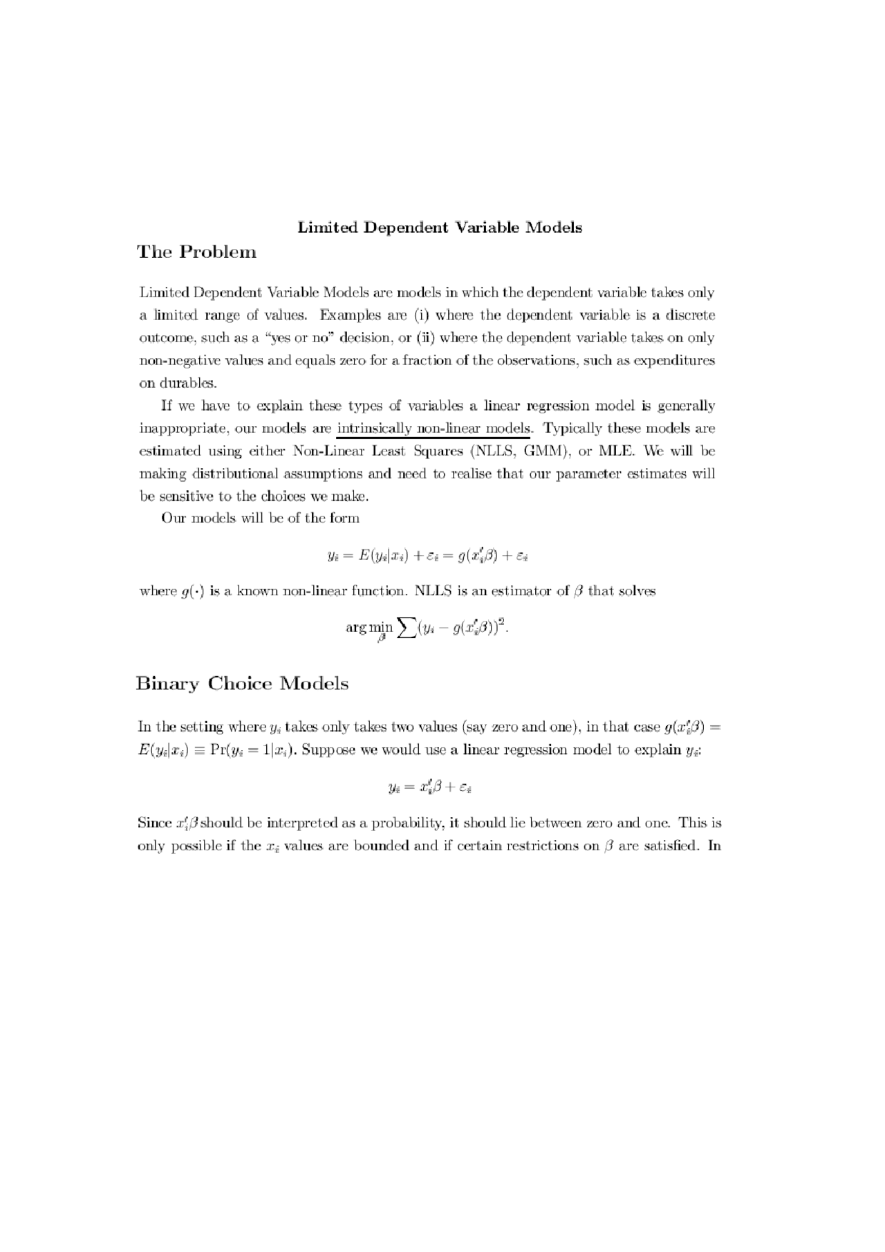 Limited Dependent Variable Models Econometrics Lecture Notes