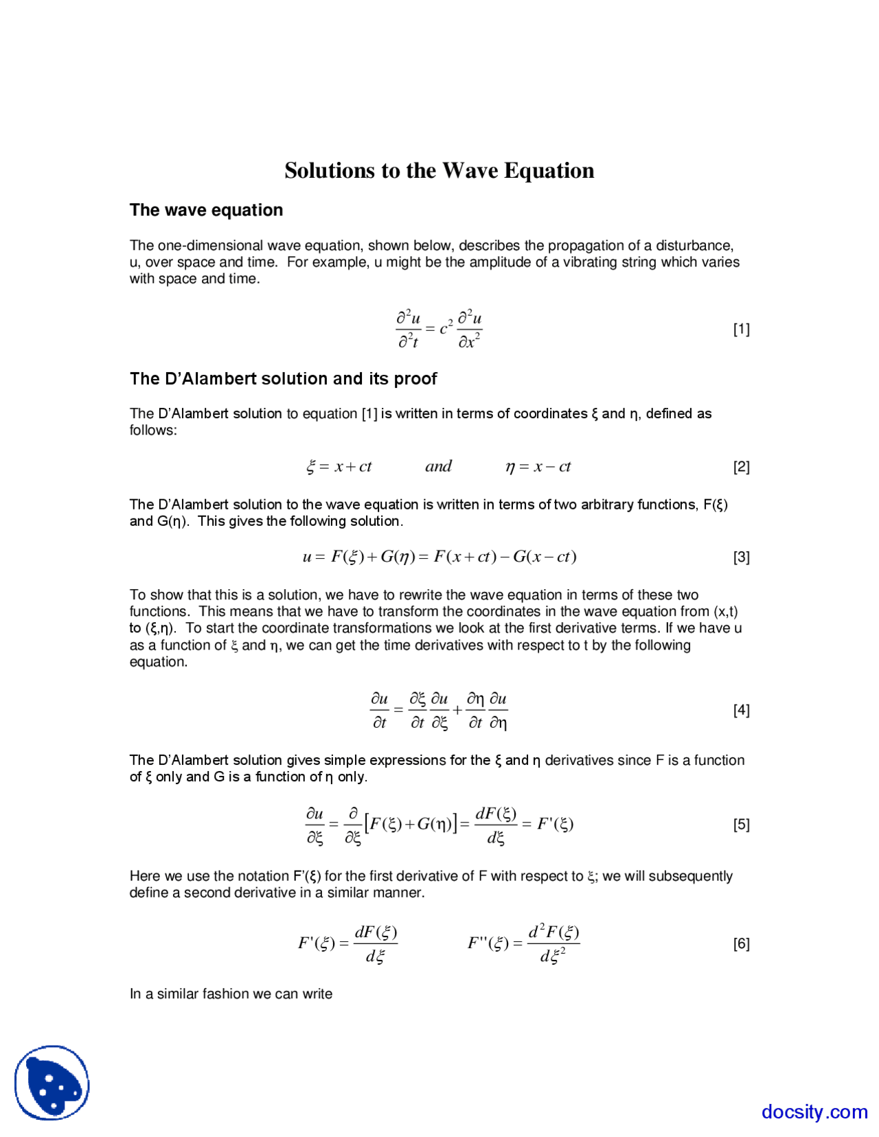 Wave Equation Seminar In Engineering Analysis Lecture Notes Docsity