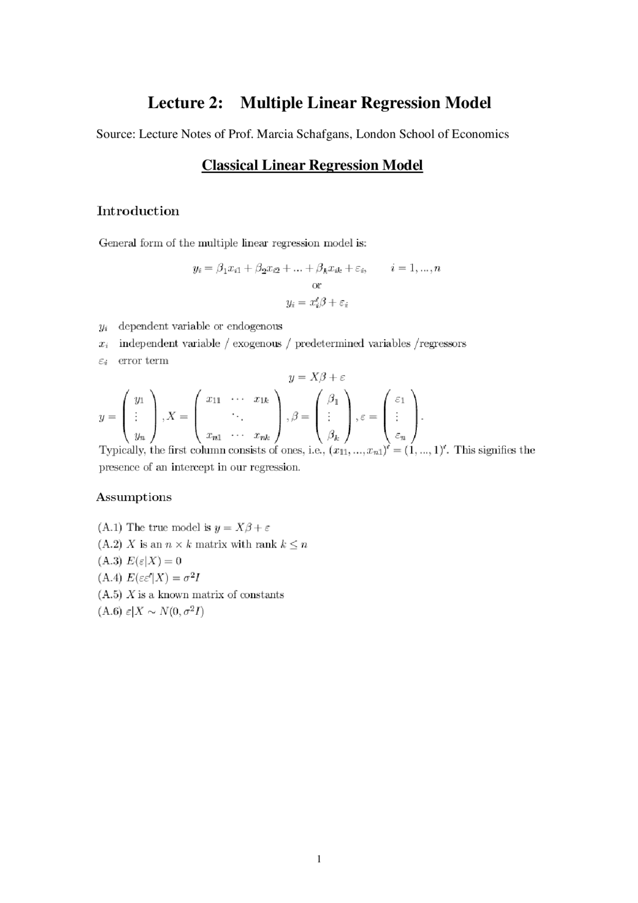 Multiple Linear Regression Model Econometrics Lecture Notes Docsity