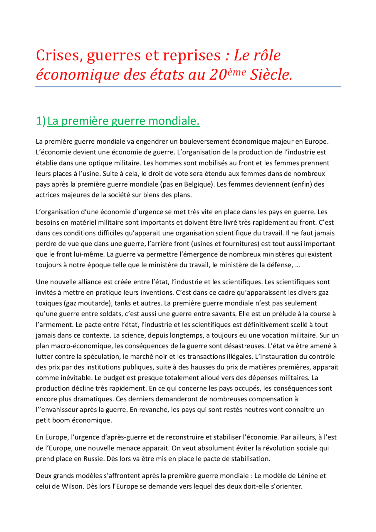 Notes Sur Les Crises Les Guerres Et Les Reprises Docsity