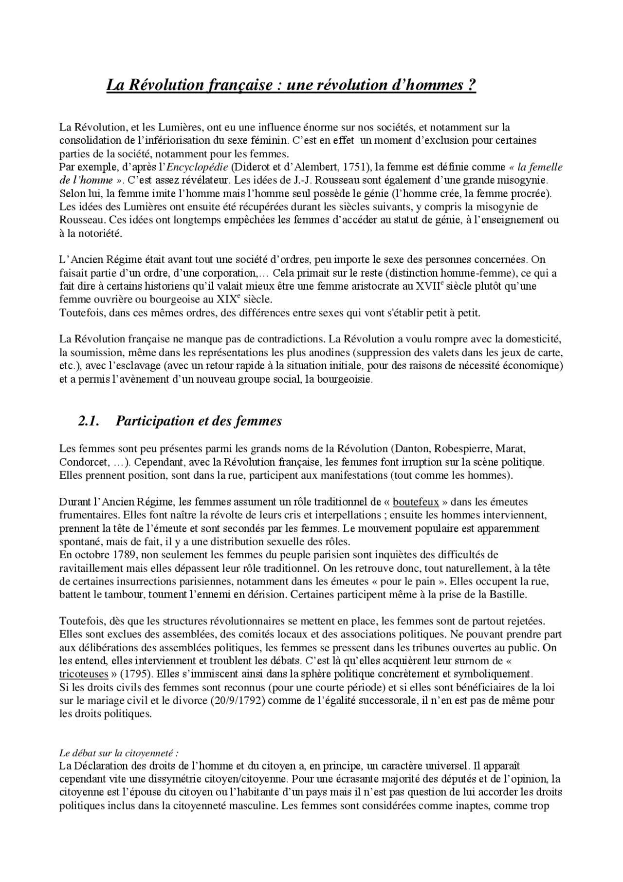 Notes Sur La Révolution Française Une Révolution Dhommes Docsity