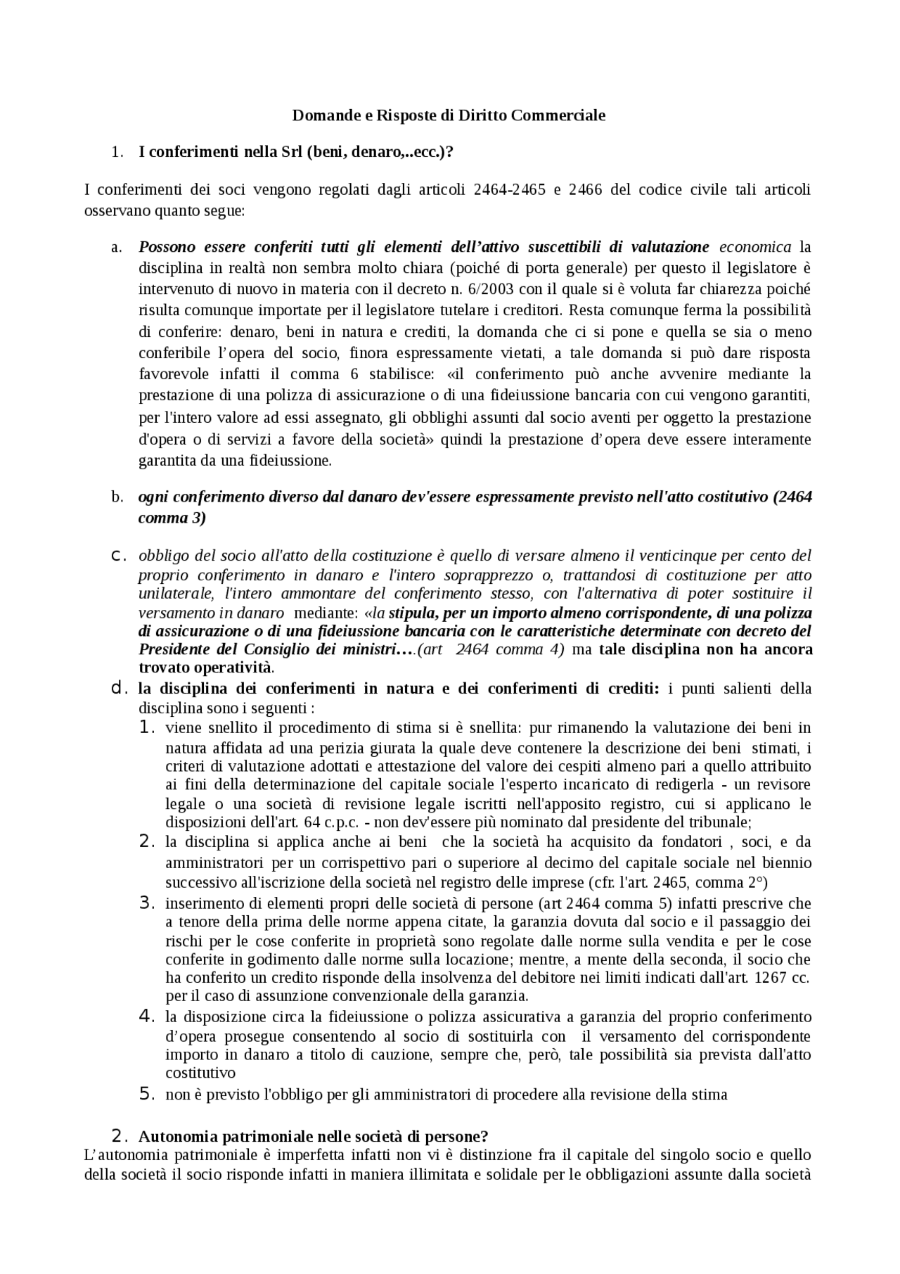 Domande e Risposte di Diritto Commerciale - Docsity
