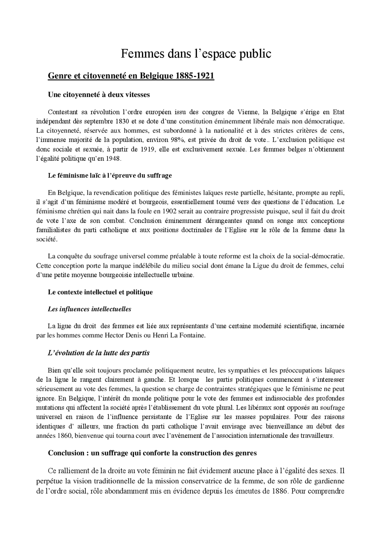 Notes Sur Le Thème Des Femmes Dans Lespace Public Docsity