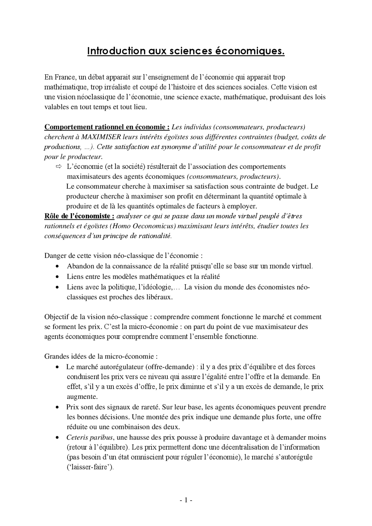 Notes Sur Lintroduction Aux Sciences économiques 1° Partie Docsity