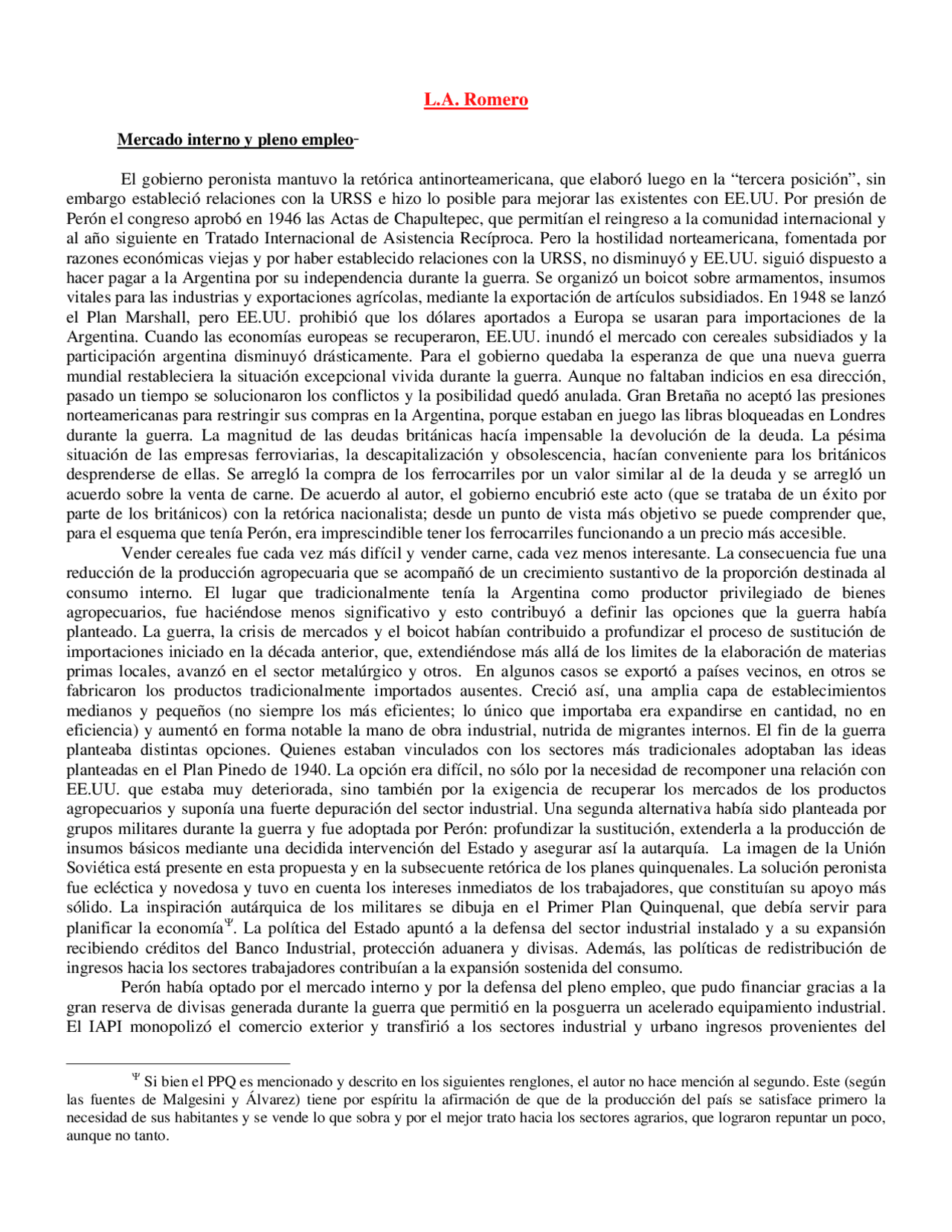 Apuntes sobre el Mercado interno y Pleno empleo - Docsity