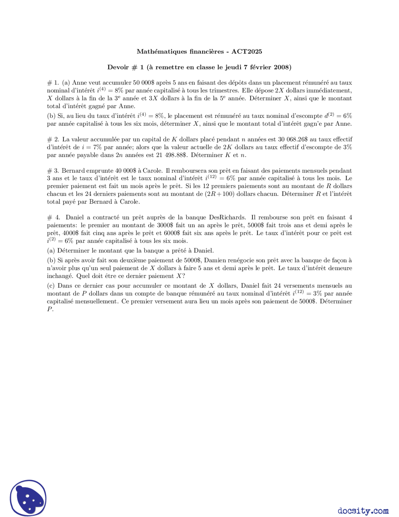 Notes Sur Le Devoir En Matière De Mathématiques Financières Docsity