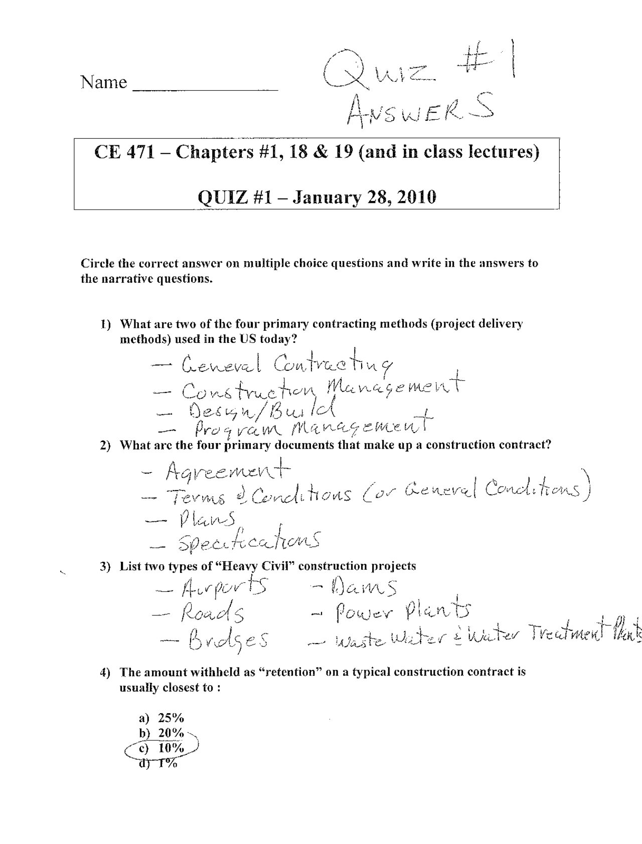 Quiz 1 Answers Construction Engineering Ce 471 Docsity