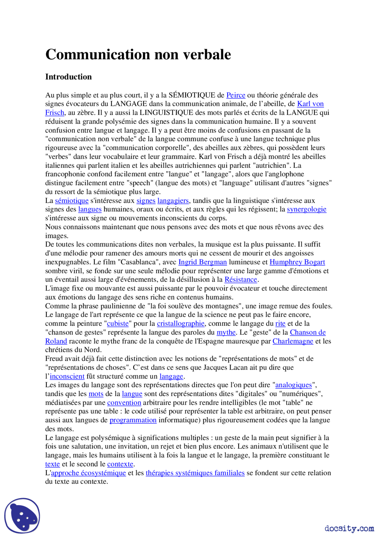 Notes sur la communication non verbale - Docsity