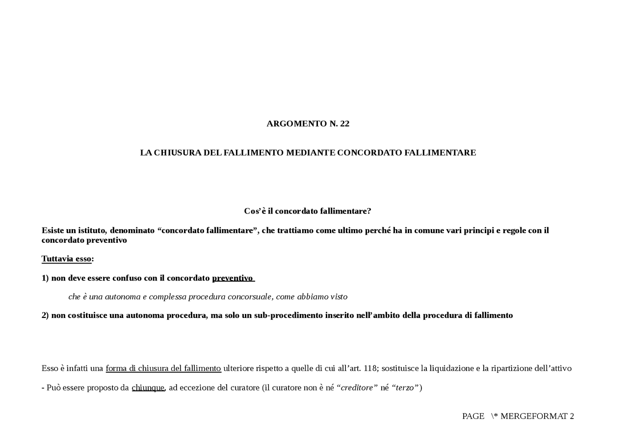 Chiusura del fallimento mediante concordato fallimentare - Docsity