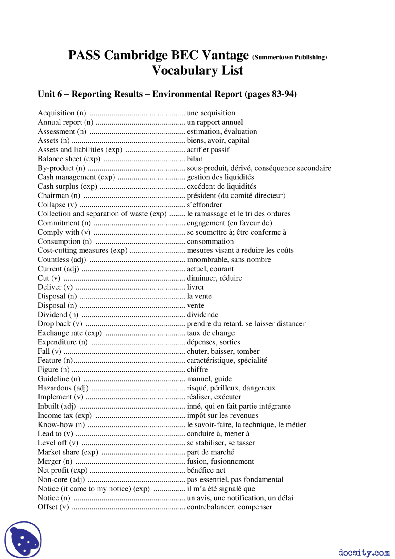 Notes Sur Le Vocabulaire Anglais 6° Partie Docsity