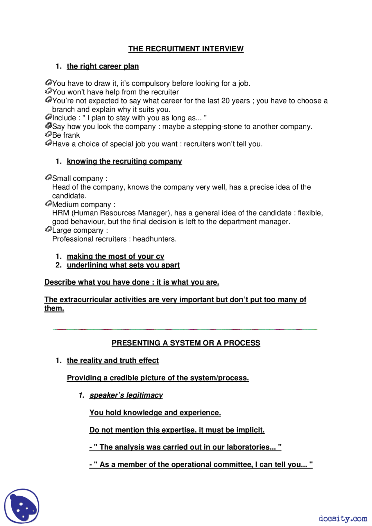 Notes Sur The Recruitment Interview Docsity