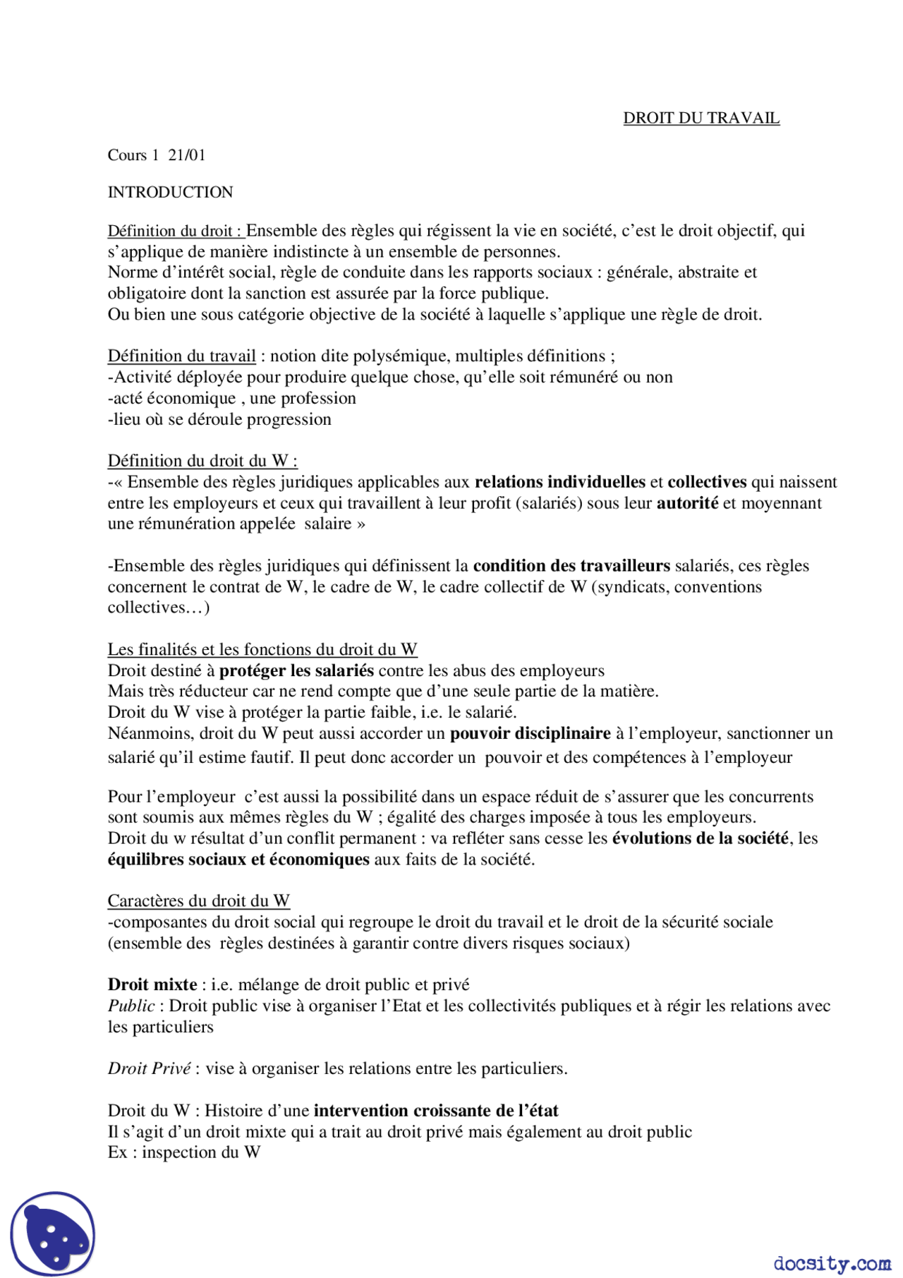 Notes Sur Le Droit Du Travail 1° Partie Docsity