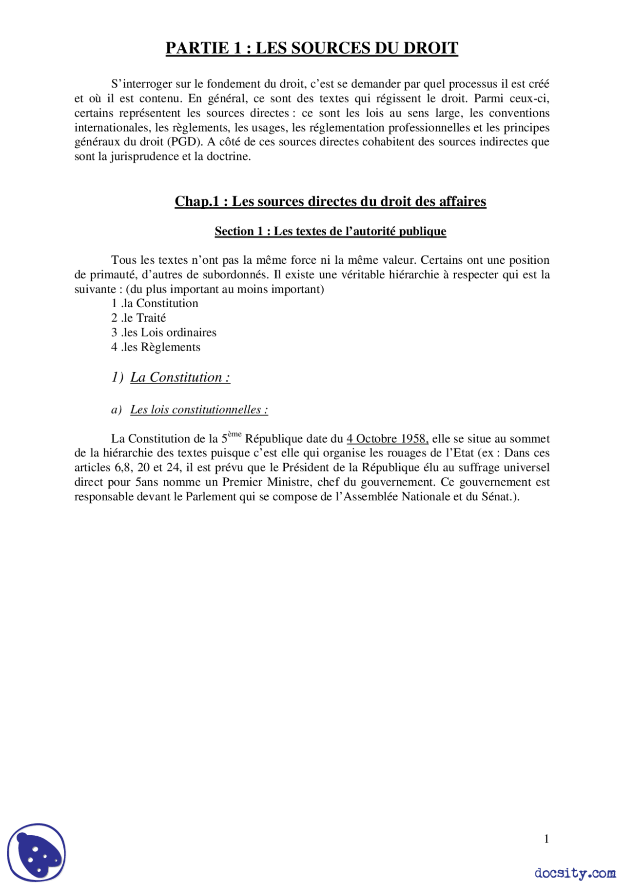 Notes Sur Le Thème Des Sources Du Droit 1° Partie Docsity