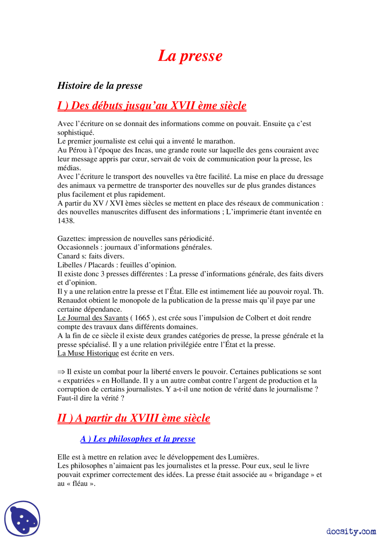 Notes Sur Les Principes De La Presse Notes Langue Anglaise Docsity