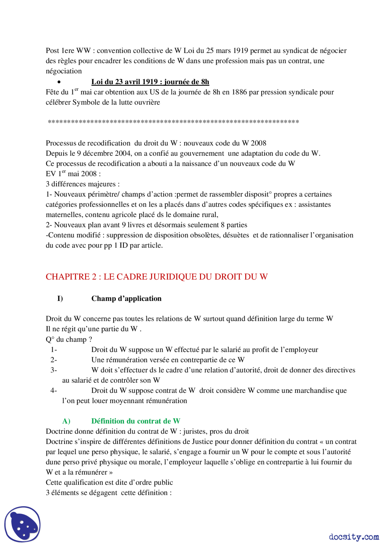 Notes Sur Le Droit Du Travail 2° Partie Notes Législation Du