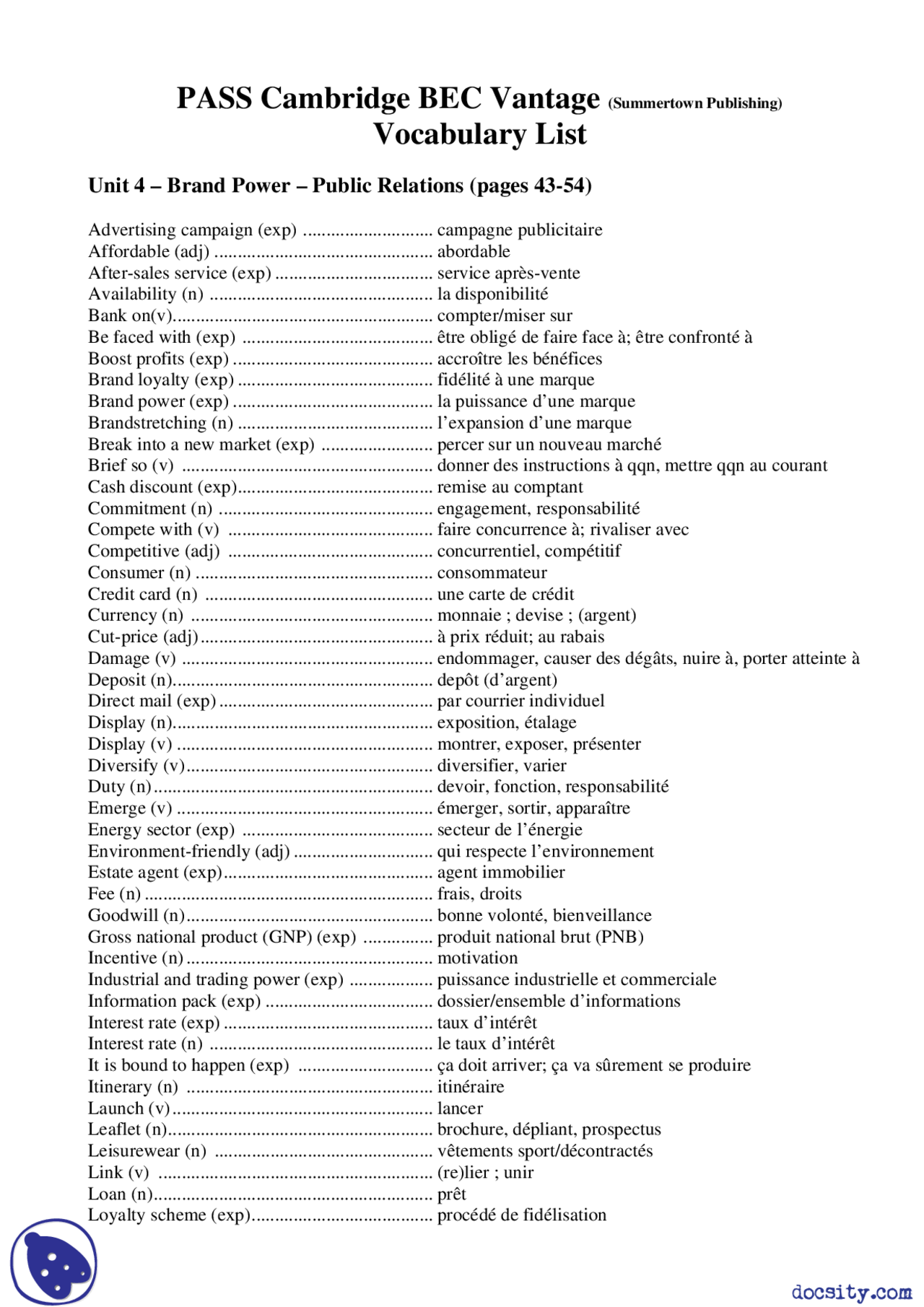Notes Sur Le Vocabulaire Anglais 4° Partie Docsity