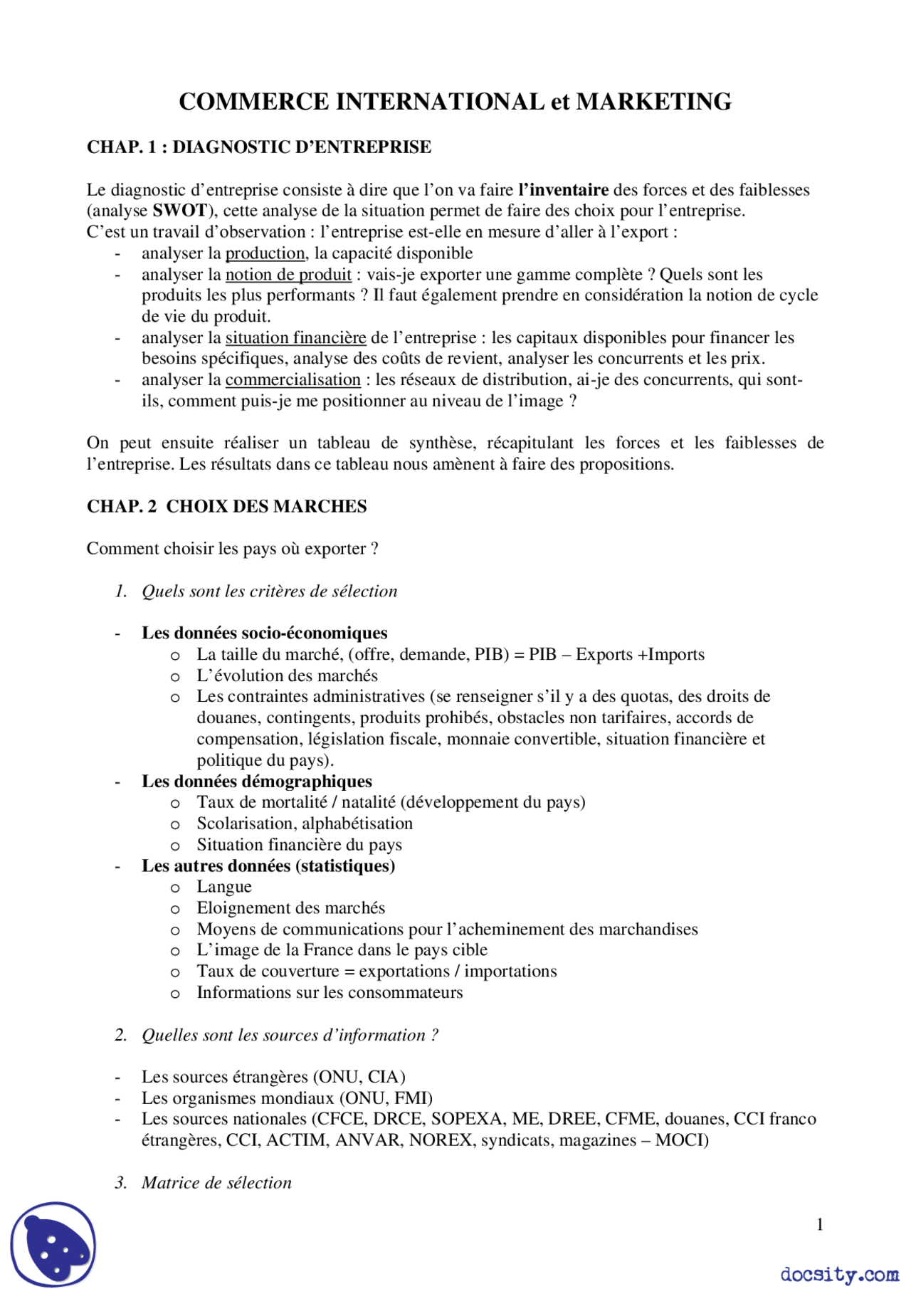 Notes Sur Le Commerce International Et Le Marketing Docsity
