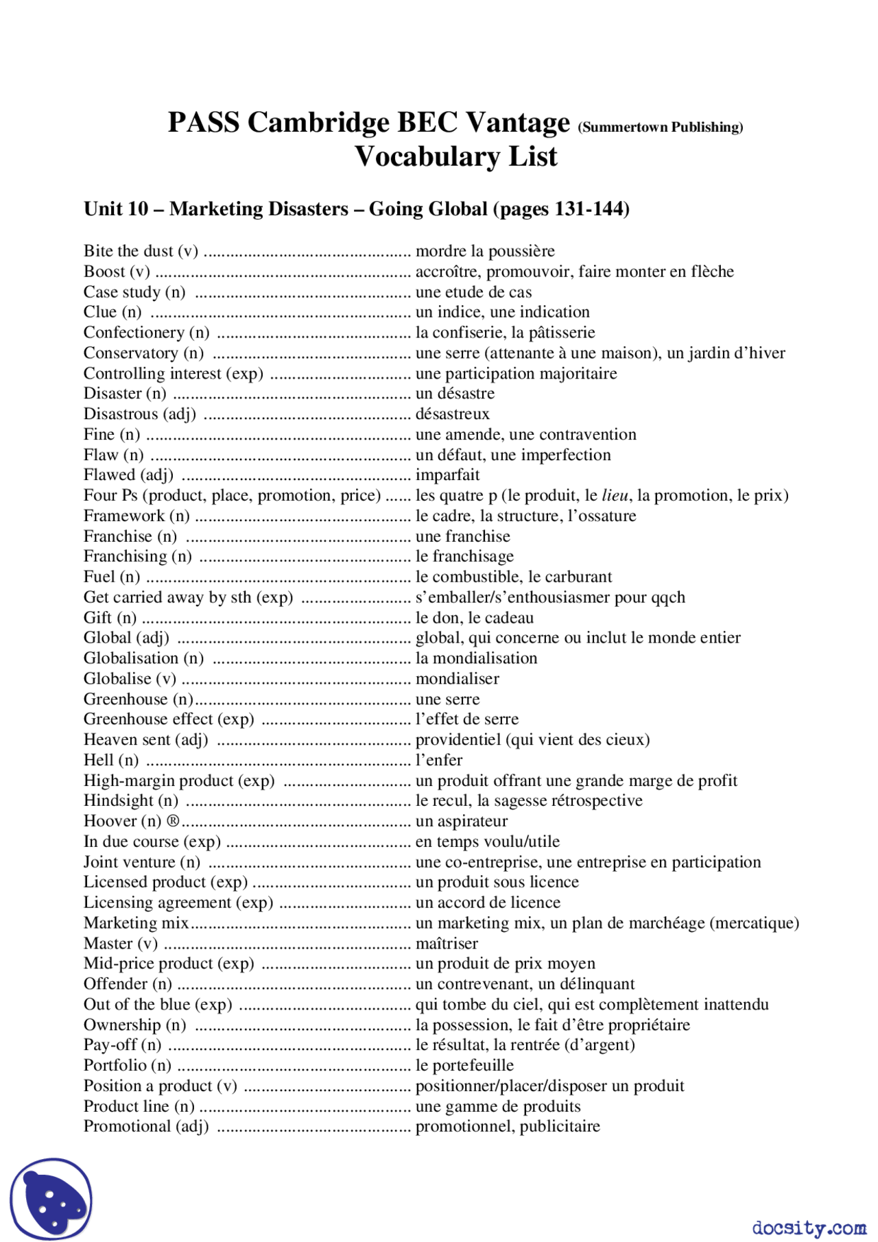 Notes Sur Le Vocabulaire Anglais 10° Partie Docsity
