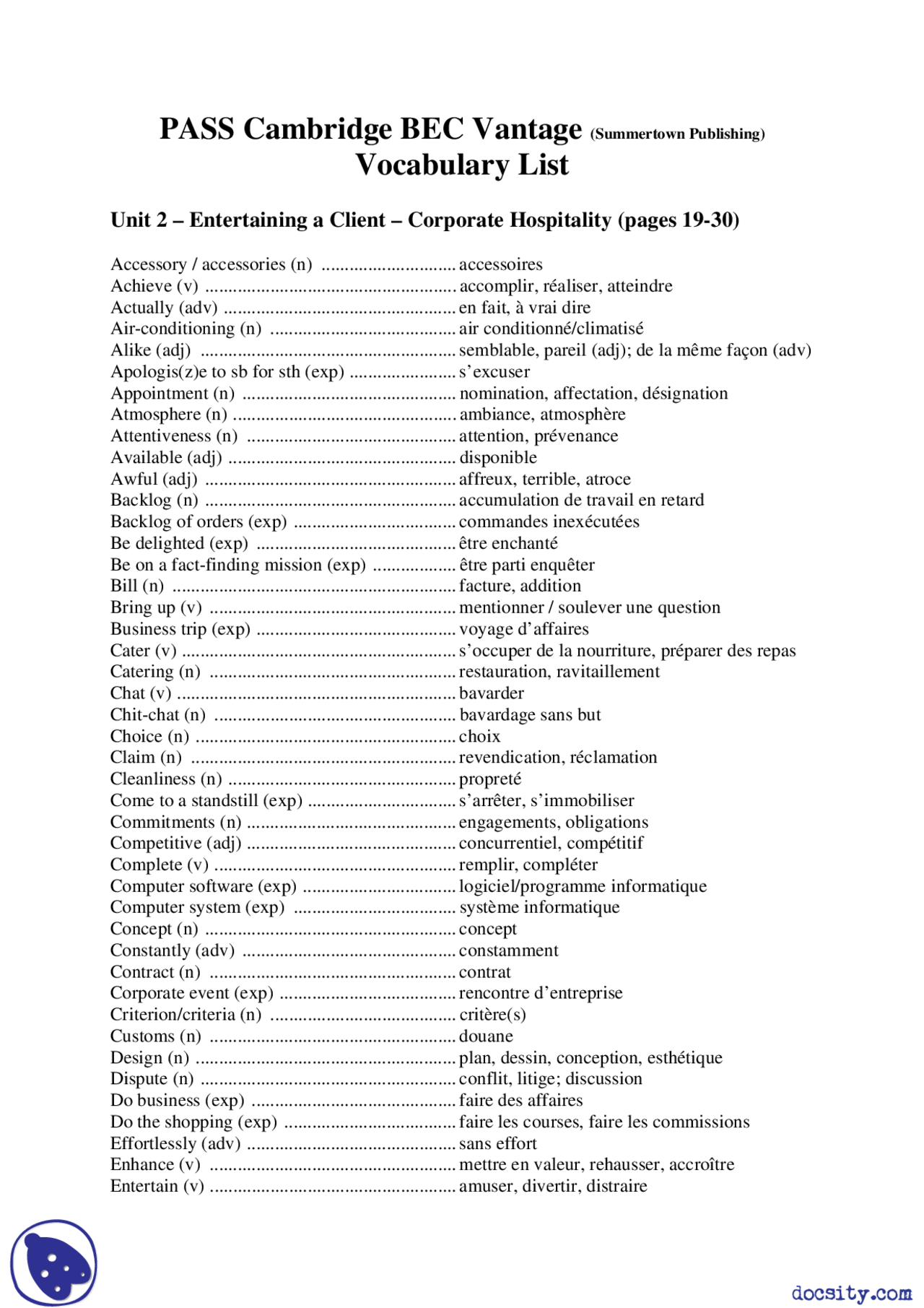 Notes Sur Le Vocabulaire Anglais 2° Partie Docsity