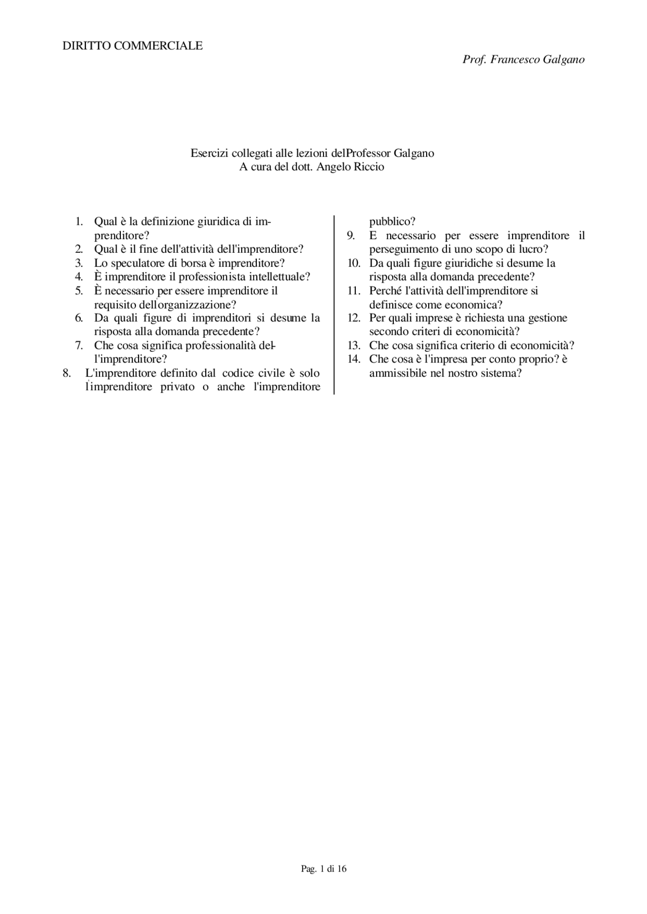 Diritto Commerciale Esercizi 1 Tutto Corso Docsity