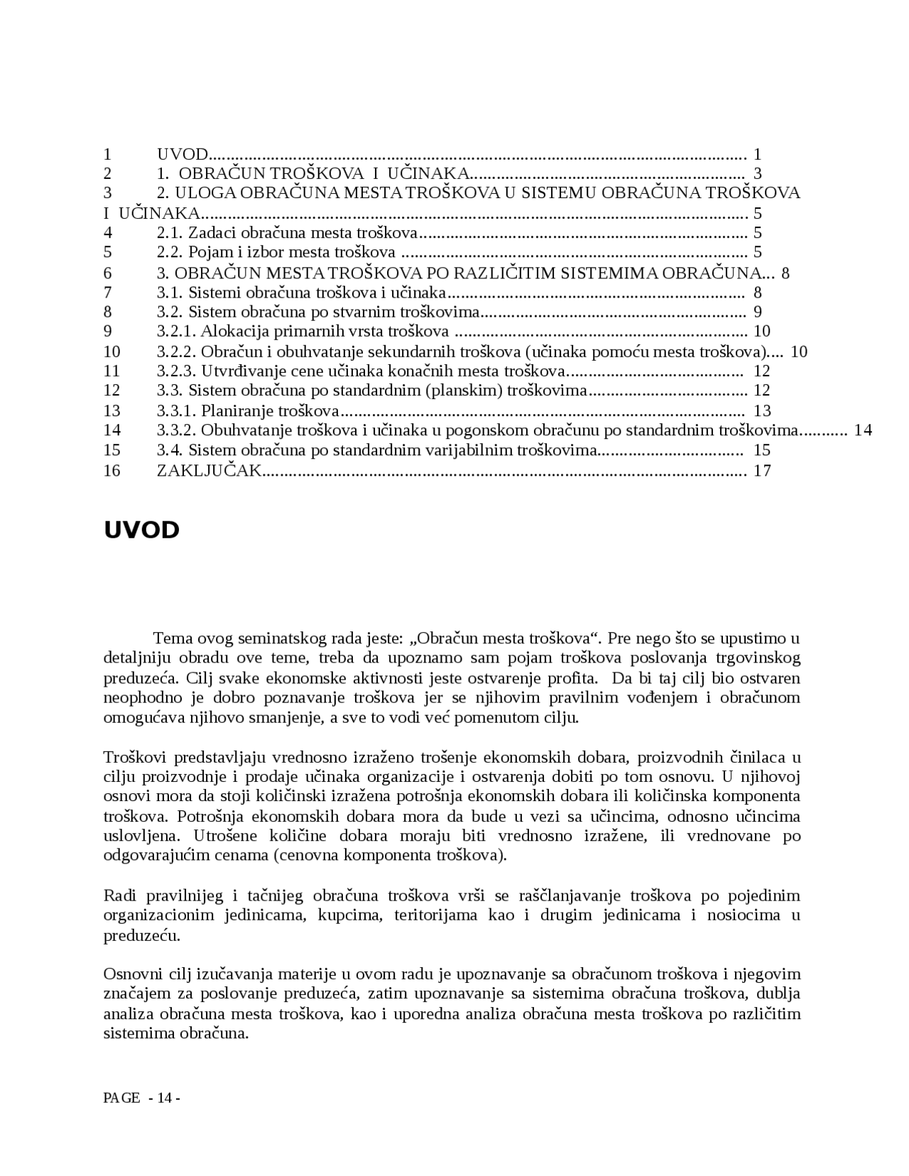 Obracun mesta troskova | Rezime' predlog Upravljačko računovodsto - Docsity