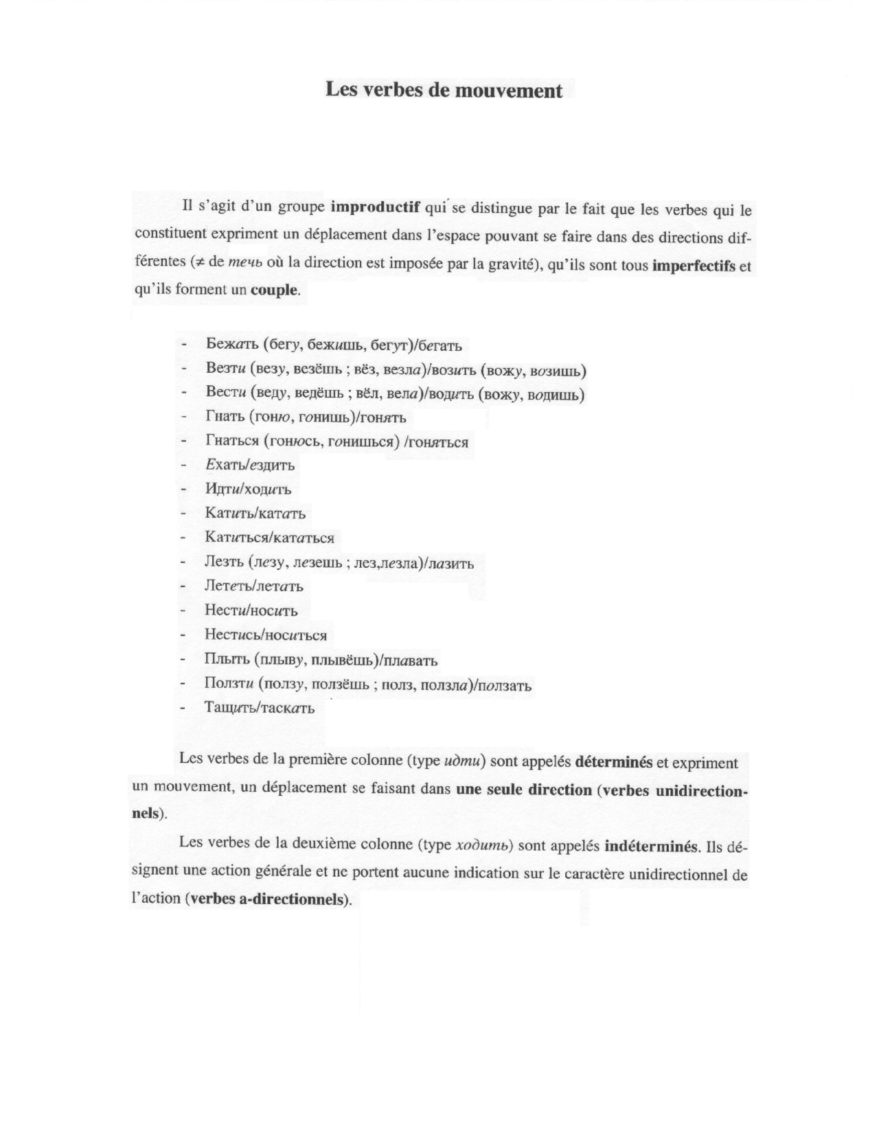 Notes sur les verbes de mouvement - Docsity
