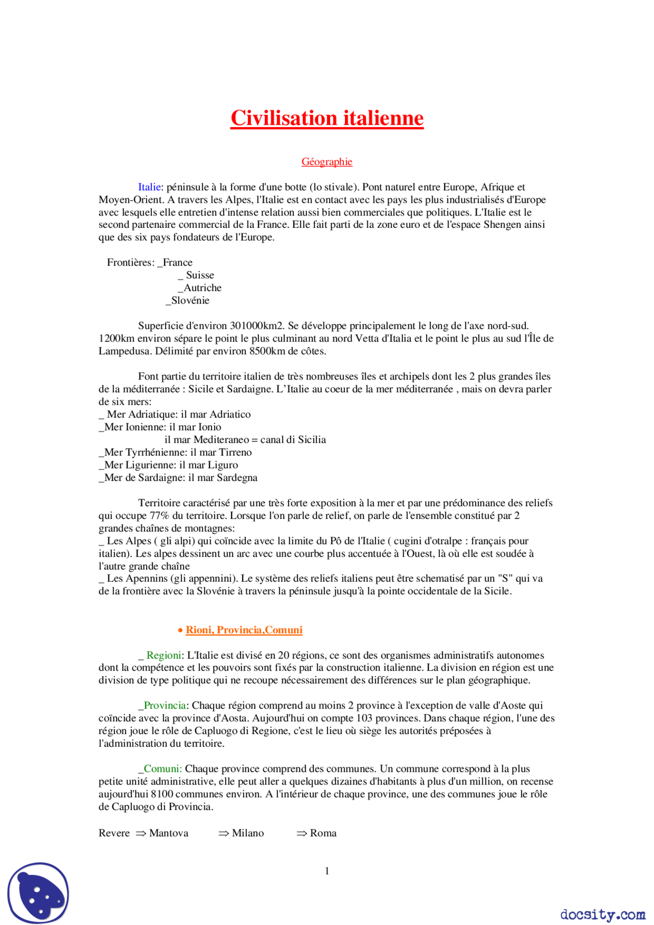 Notes Sur La Notion De La Civilisation Italienne Docsity