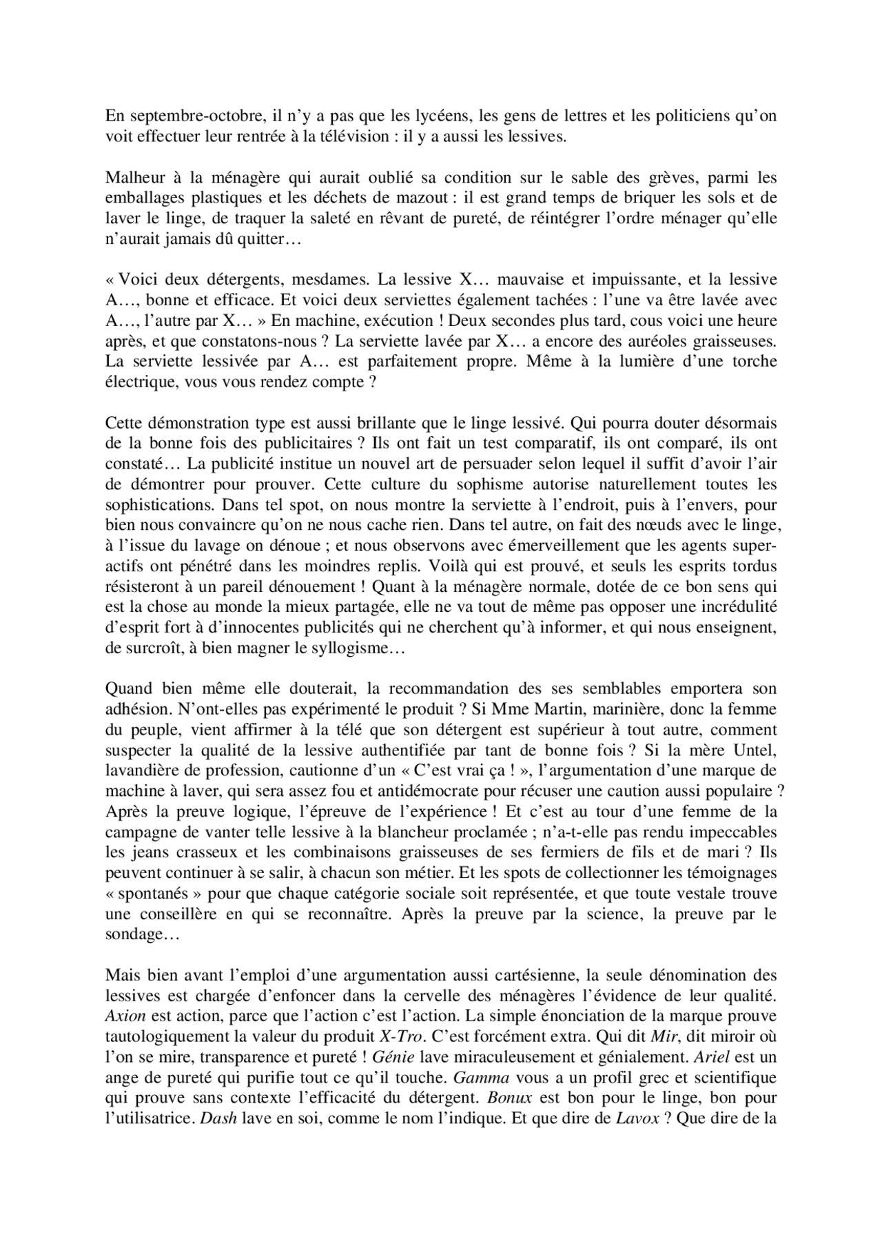 Notes Sur Le Thème Des Lessives Docsity
