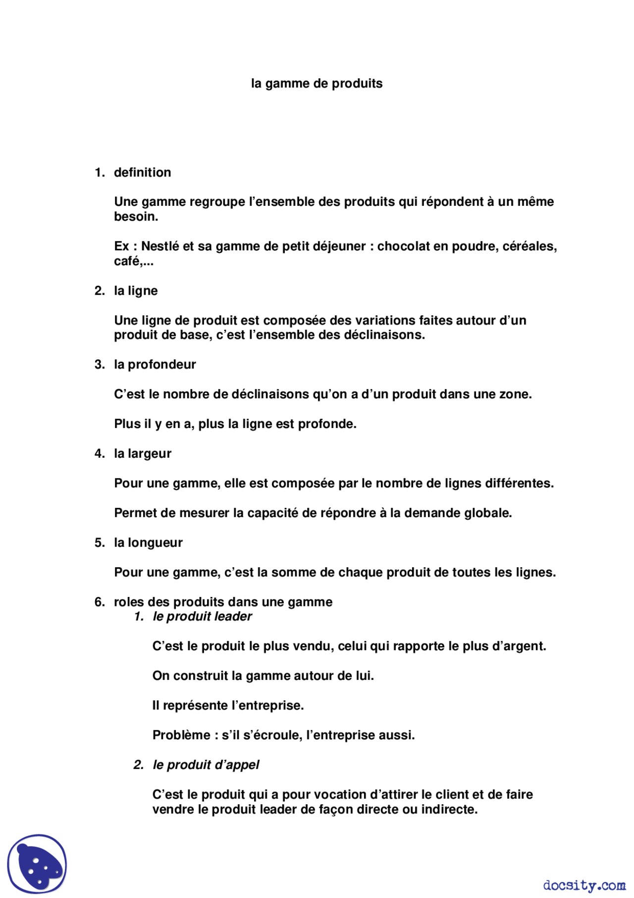 Notes sur la gamme de produits - Docsity