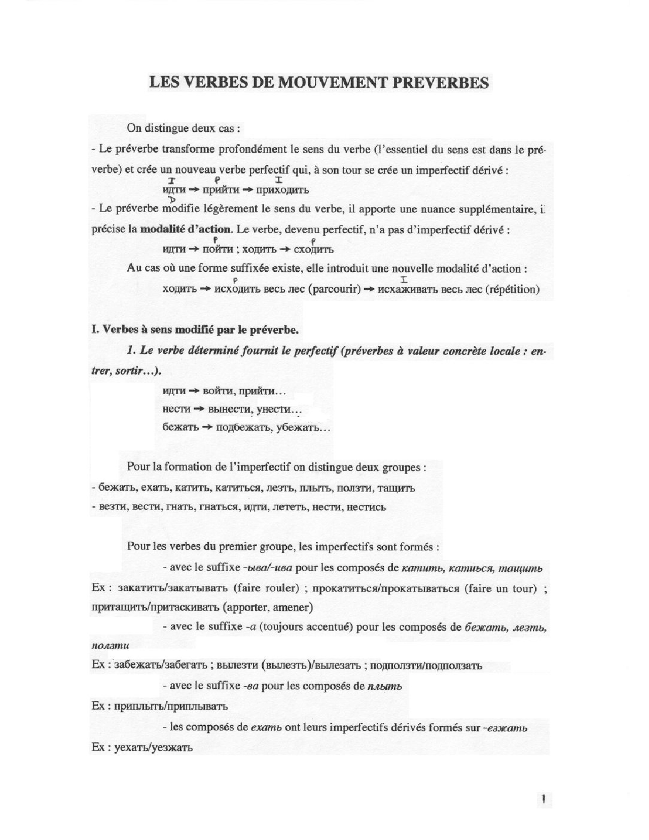 Notes sur les verbes de mouvement et les préverbes - Docsity