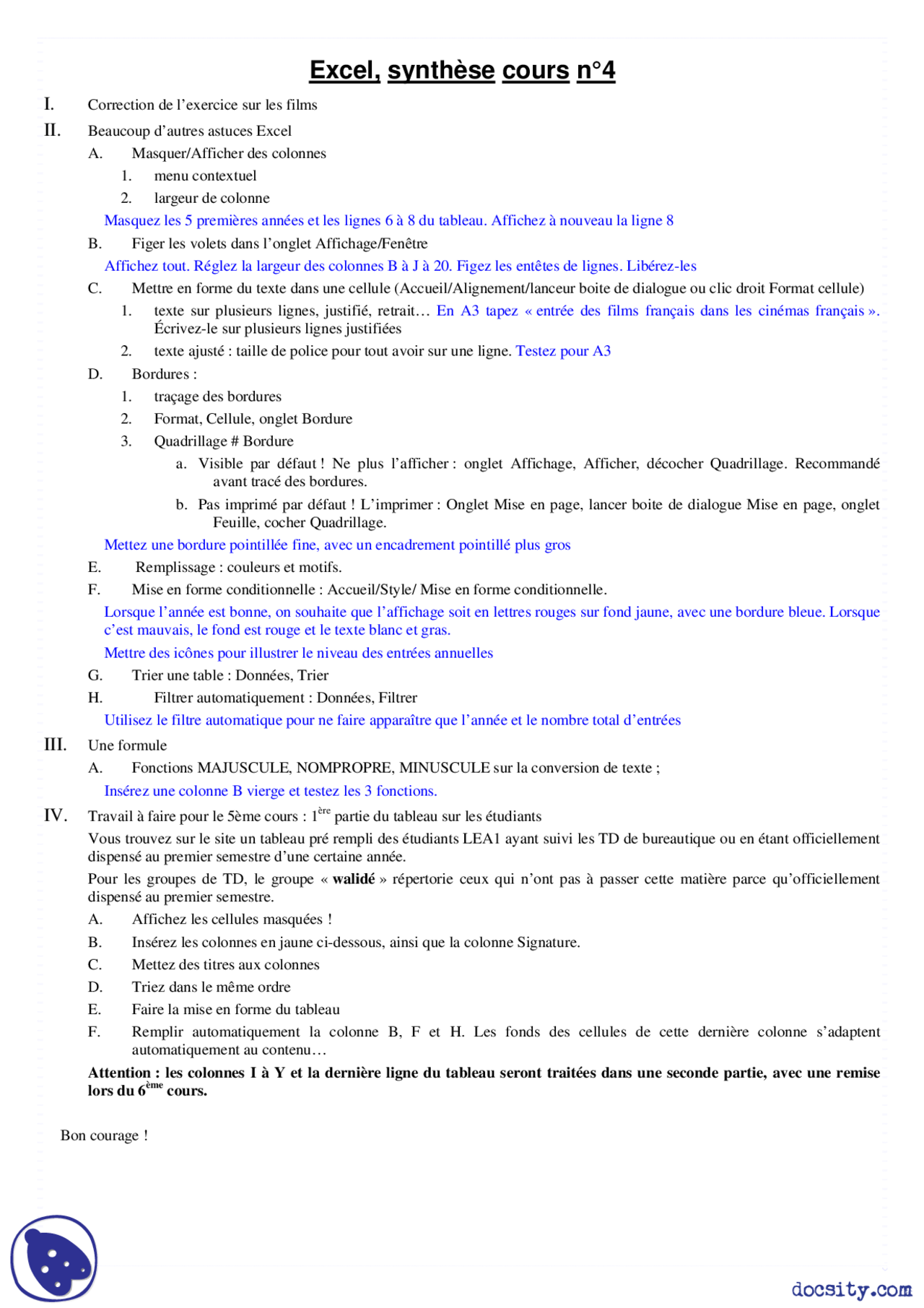 Notes Sur Les Principes De Excell Docsity