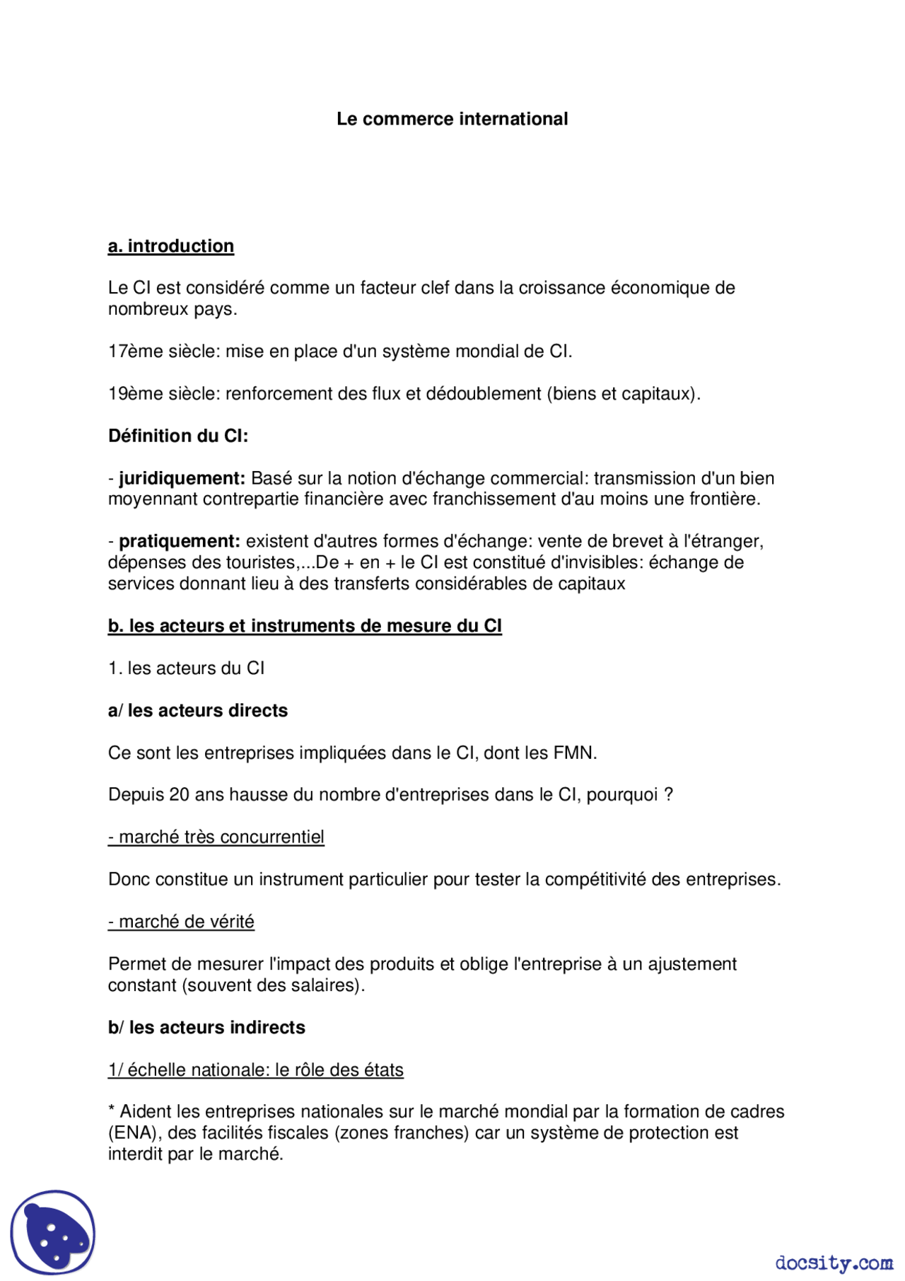 Notes Sur Le Thème Du Commerce International Docsity