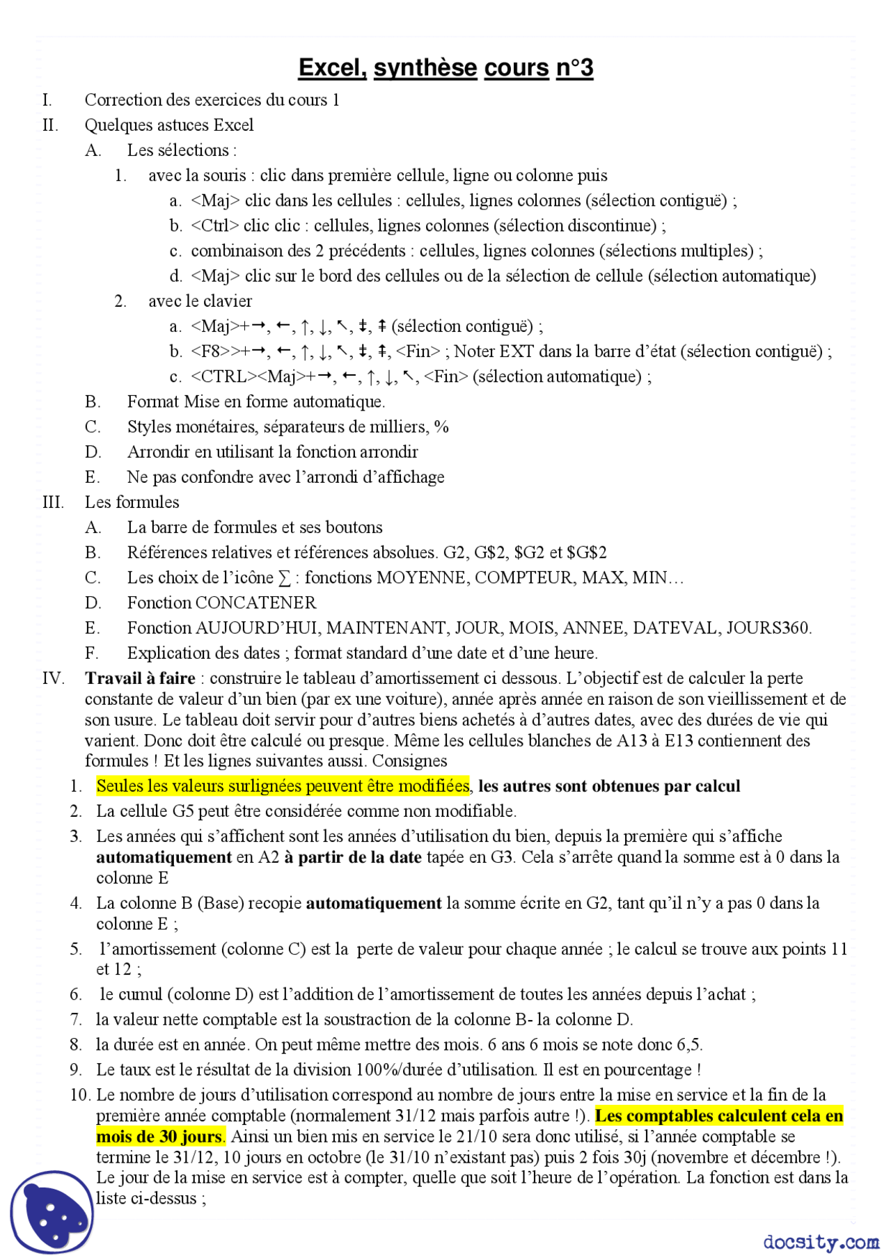Notes Sur Excel Docsity