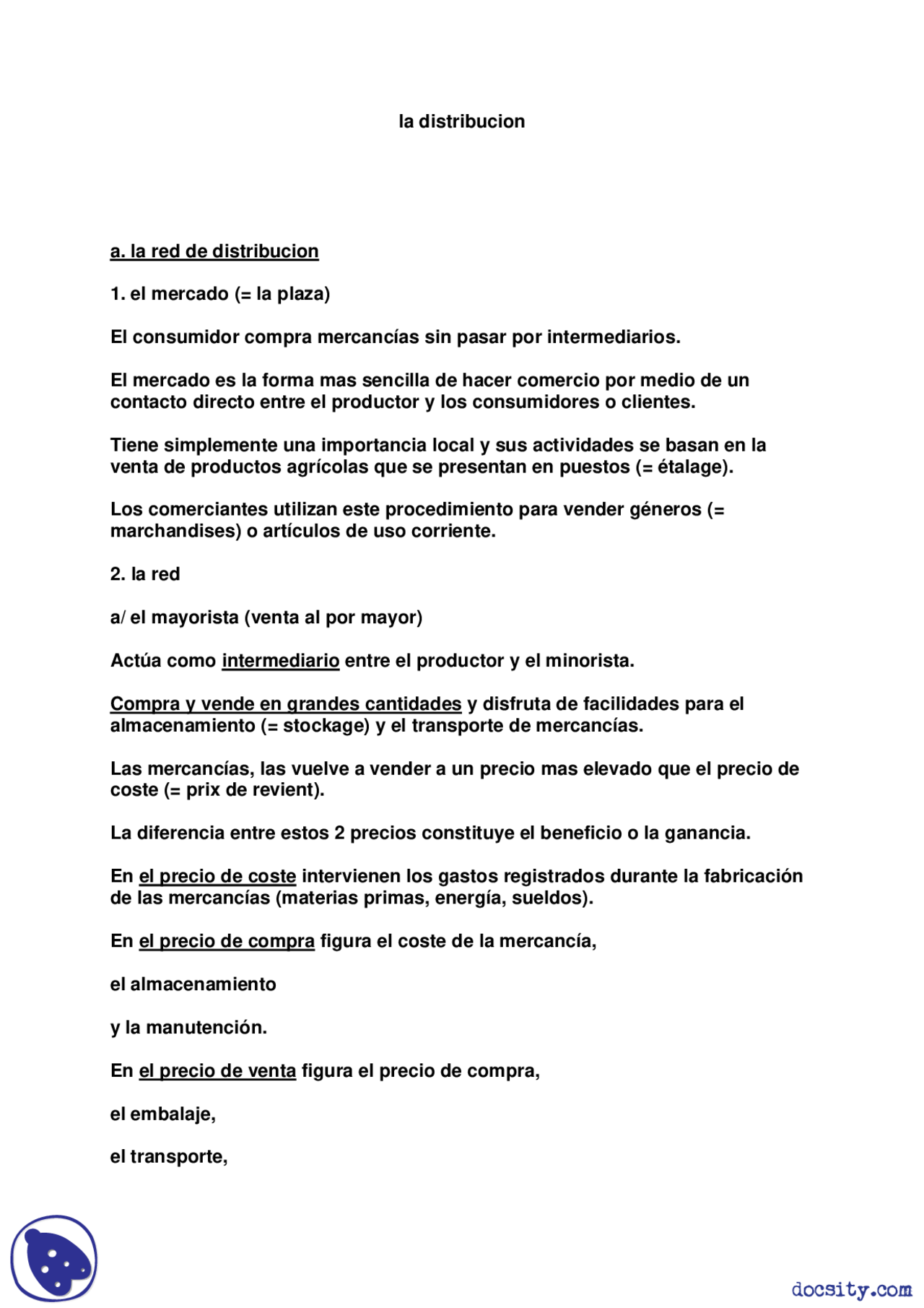 Notes Sur Le Thème De La Distribucion Docsity