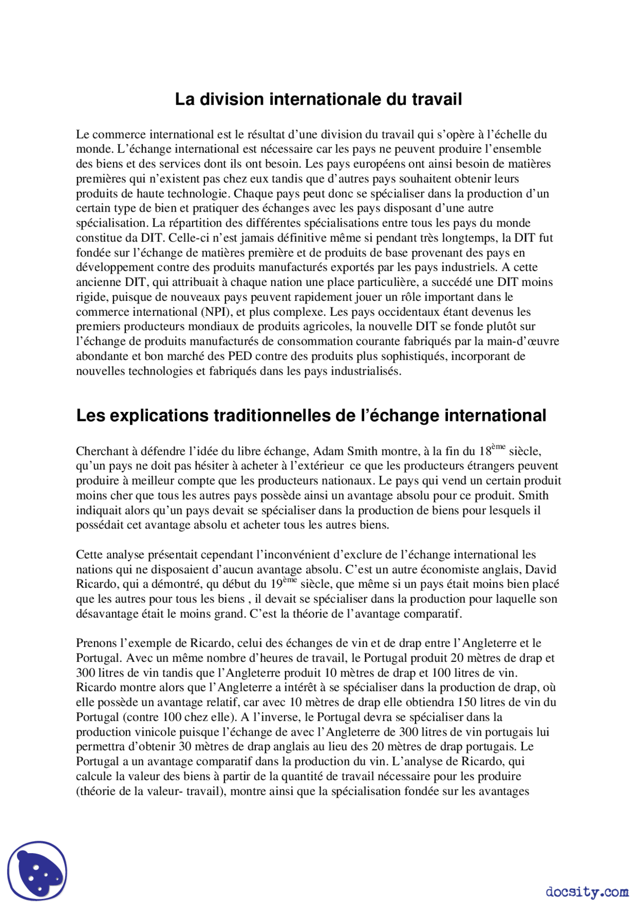 Notes Sur Le Thème De La Division Internationale Du Travail Docsity
