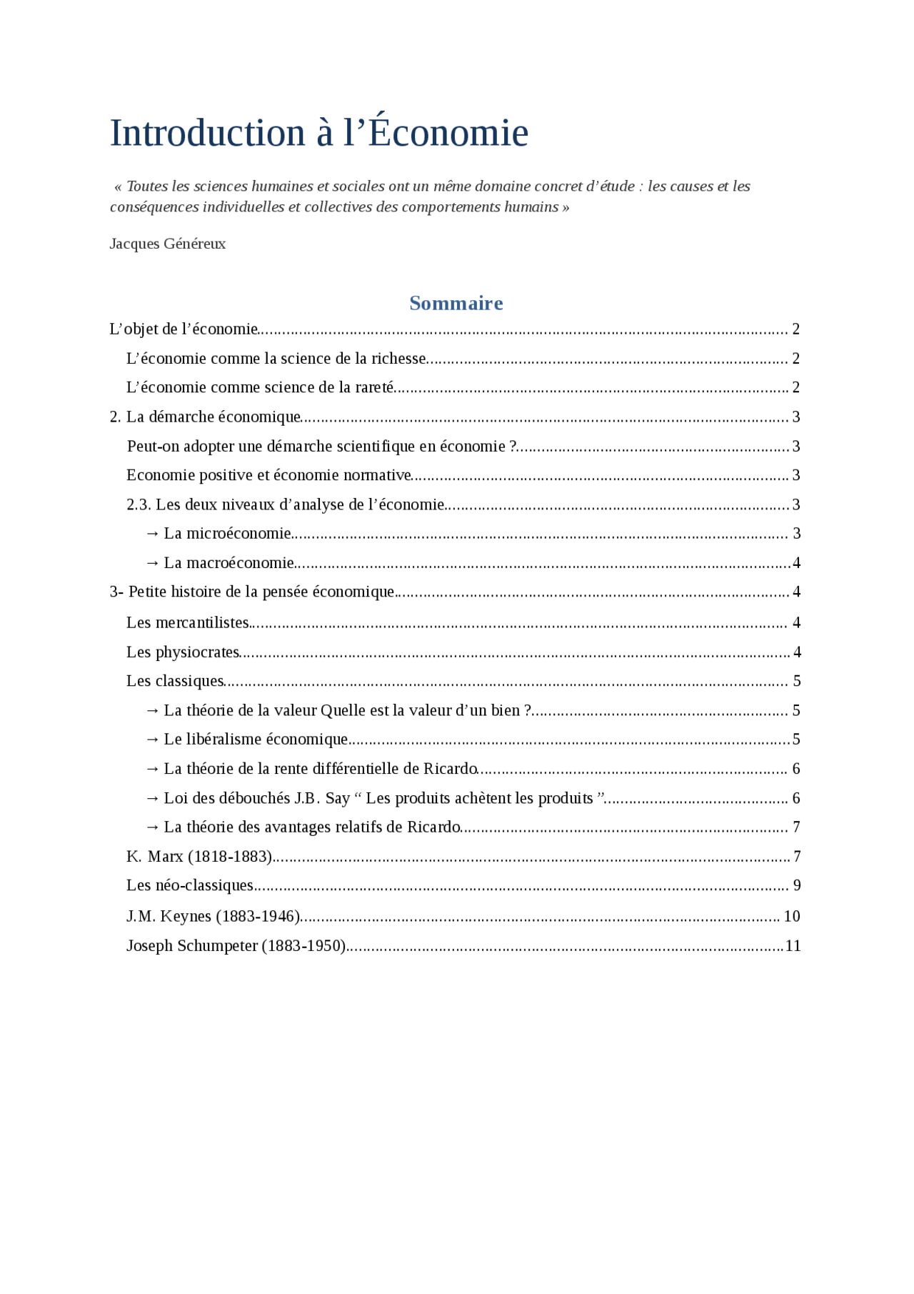 Notes Sur Lintroduction à Léconomie Docsity