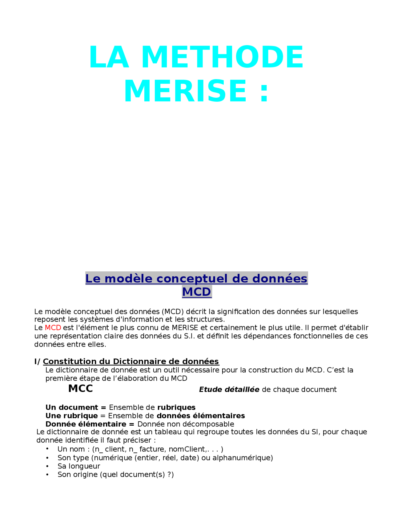 Notes sur la méthode merise - Docsity