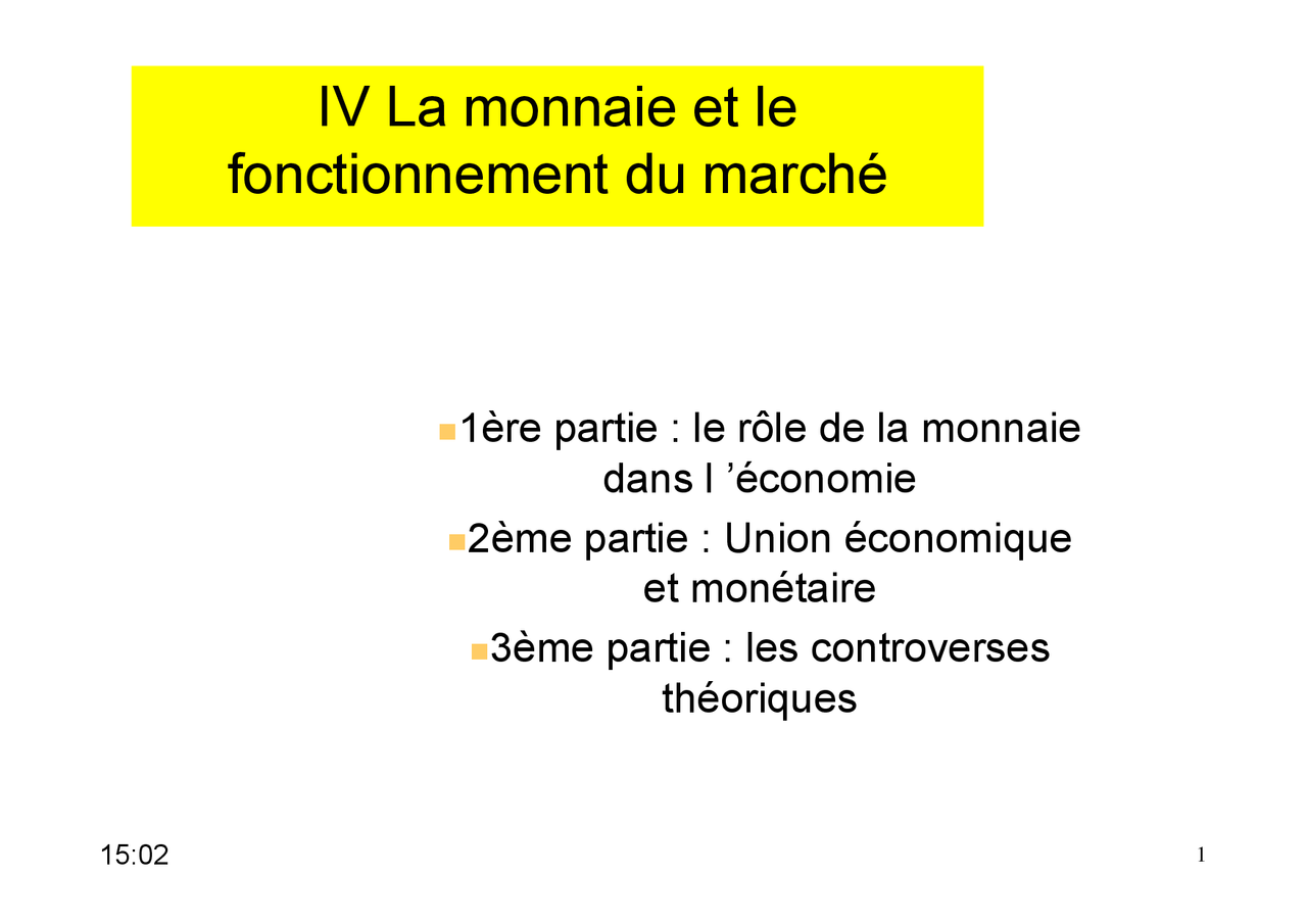 Notes Sur La Monnaie Et Le Fonctionnement Du Marché 1° Partie Docsity
