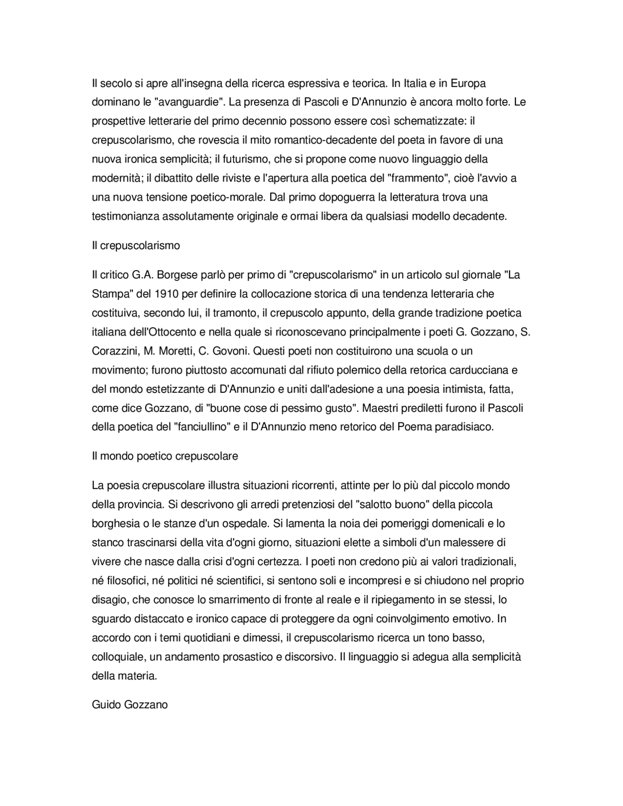 Appunti Sul Crepuscolarismo Docsity