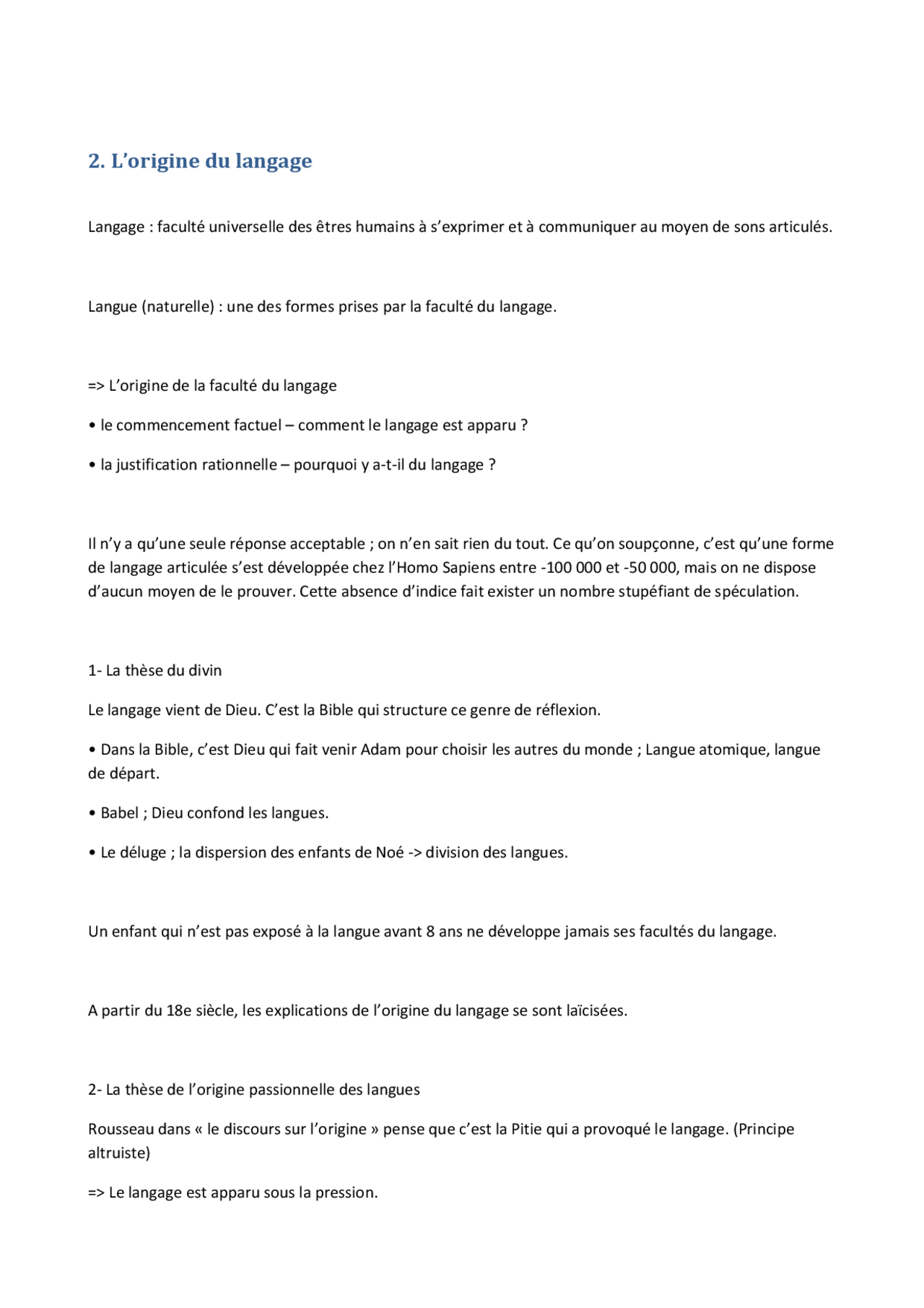 Notes Sur Lorigine Du Langage Docsity