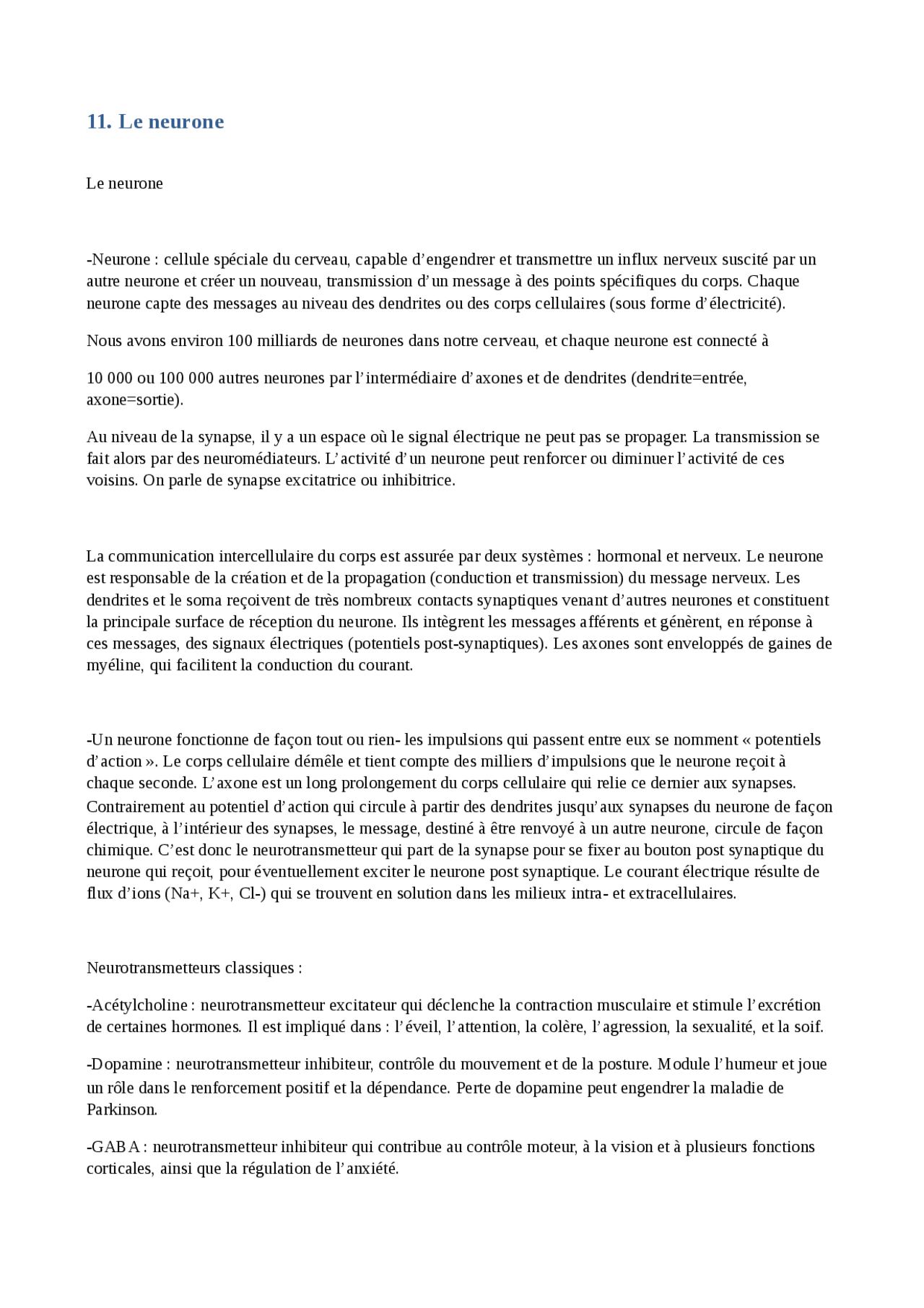 Notes Sur Le Neurone Docsity